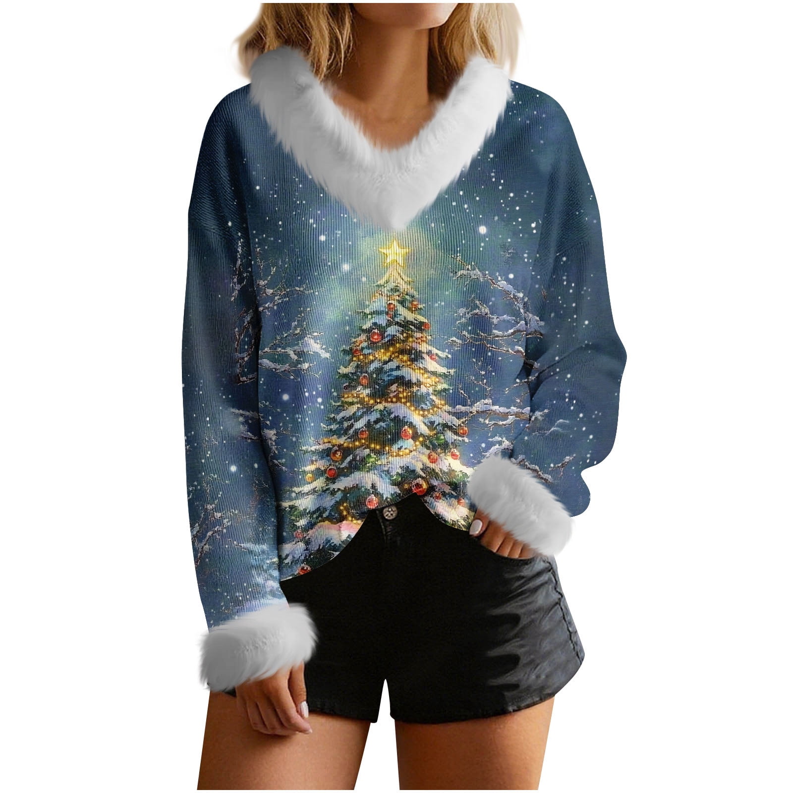 Ailaofu Women's Christmas Tops Faux Fur Trim Long Sleeve Xmas ...