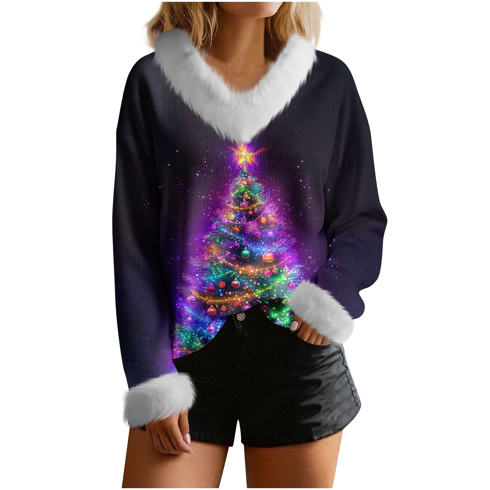 Ailaofu Women's Christmas Tops Faux Fur Trim Long Sleeve Xmas ...