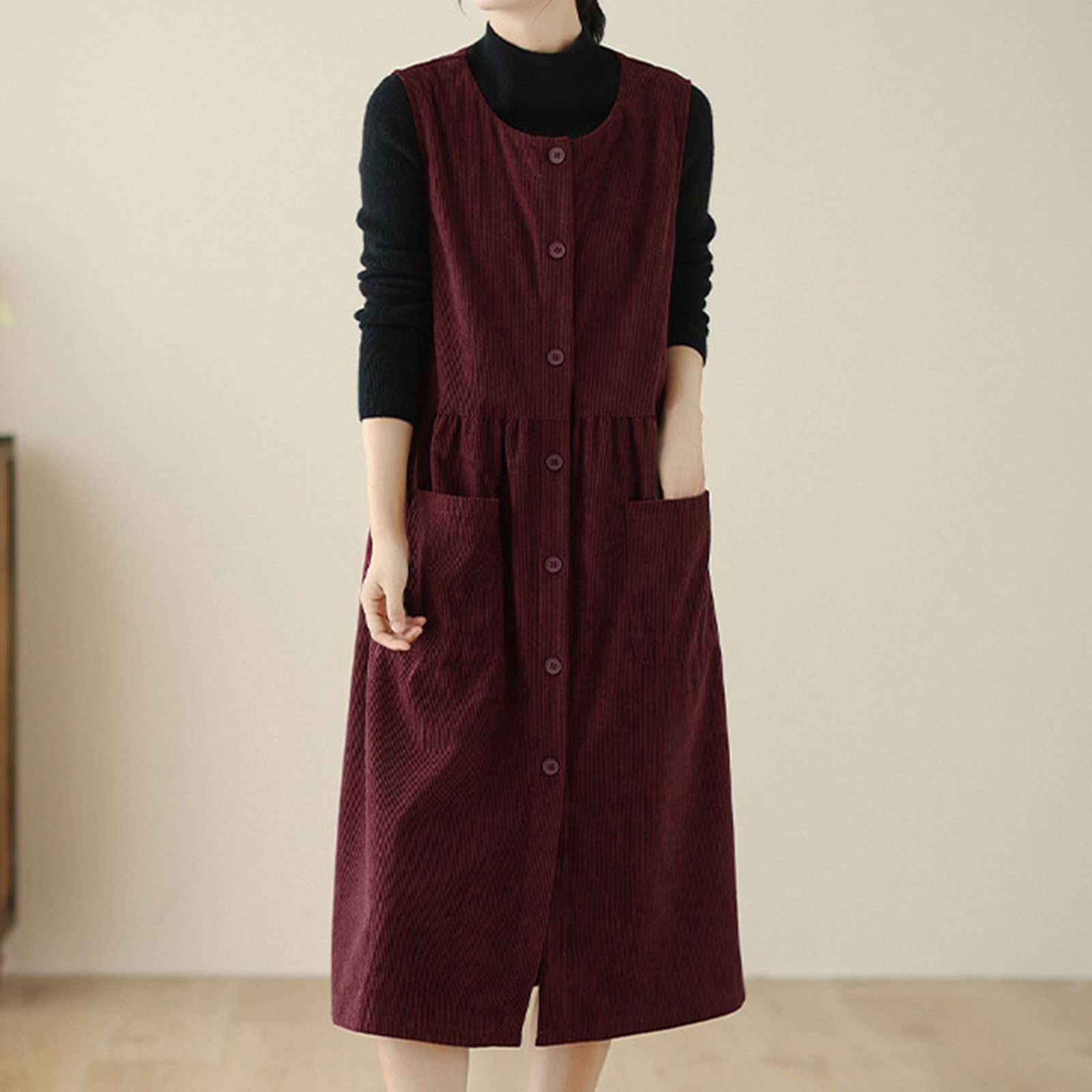 Ailaofu Women's Corduroy Overall Midi Dress Sleeveless Button Front ...