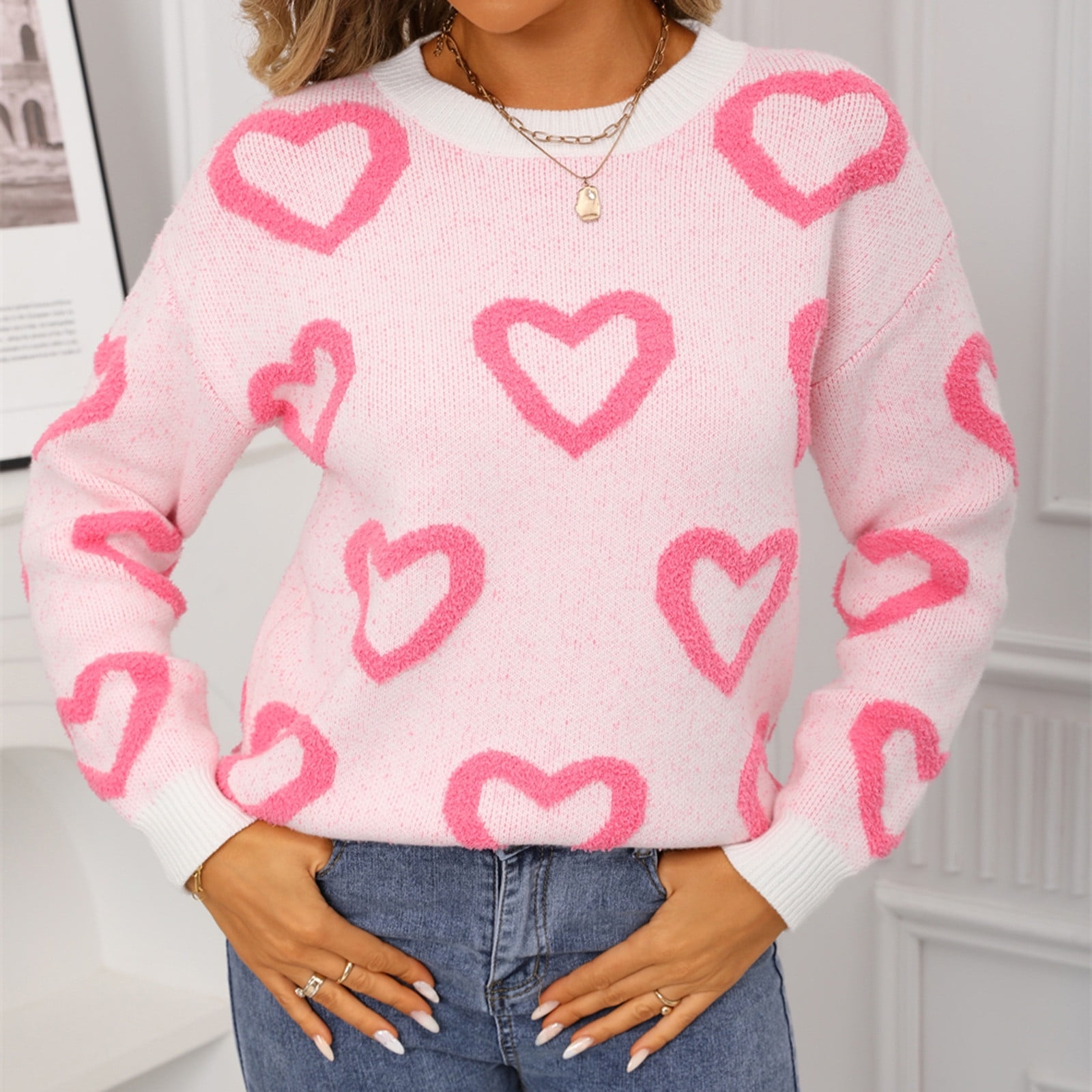 Ailaofu Women's Cute Heart Sweater Love Print Valentine Romantic ...
