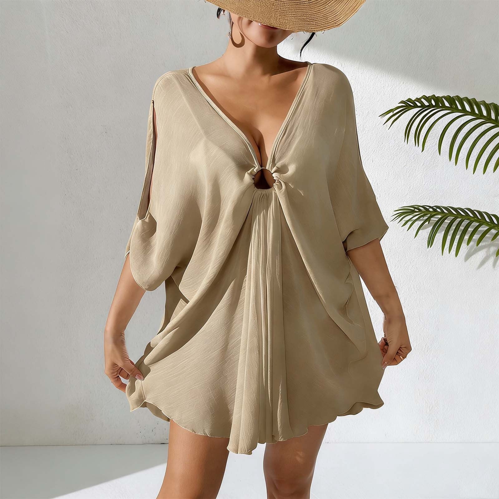 Ailaofu Women's Deep V Neck Flowy Cover Ups 3/4 Sleeve Beach Cover Up ...