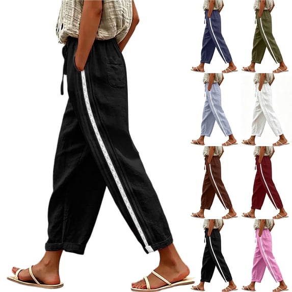 Ailaofu Women's Drawstring Ankle Length Linen Trousers Cuffed Hem Patch ...