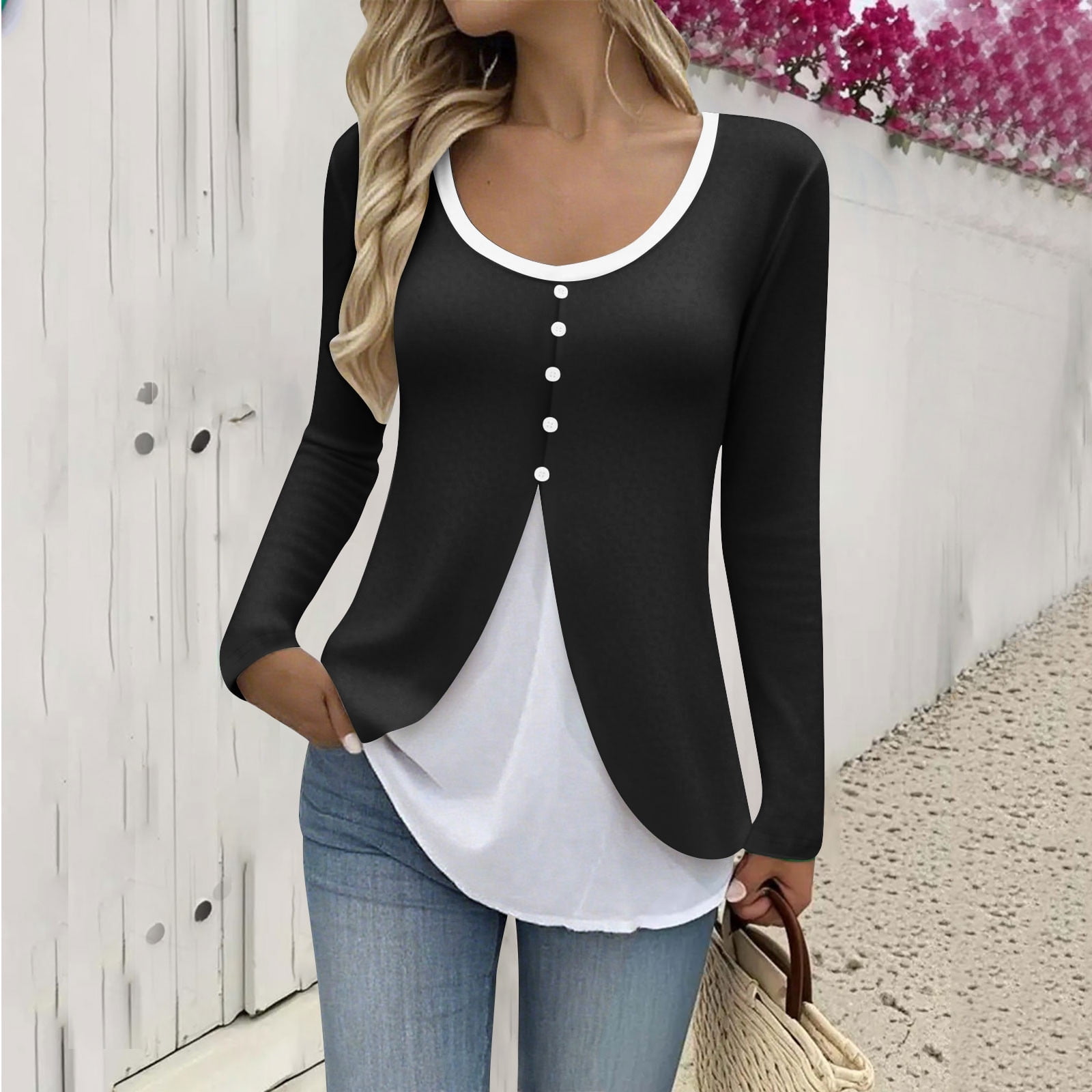 Ailaofu Women's Elegant Scoop Neck Long Sleeve Top Fake Two-Piece Beach ...