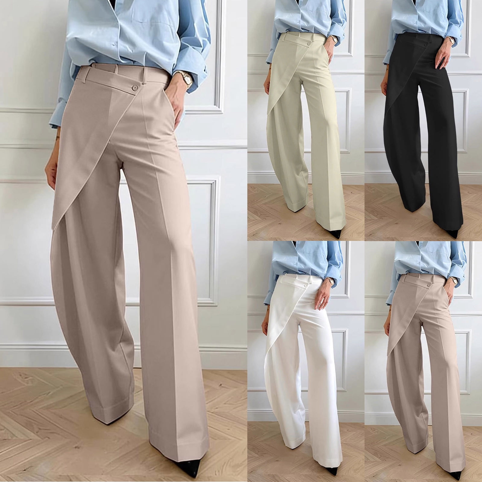 Ailaofu Women's Fall High Waist Wrap Front Wide Leg Suit Pants Solid ...
