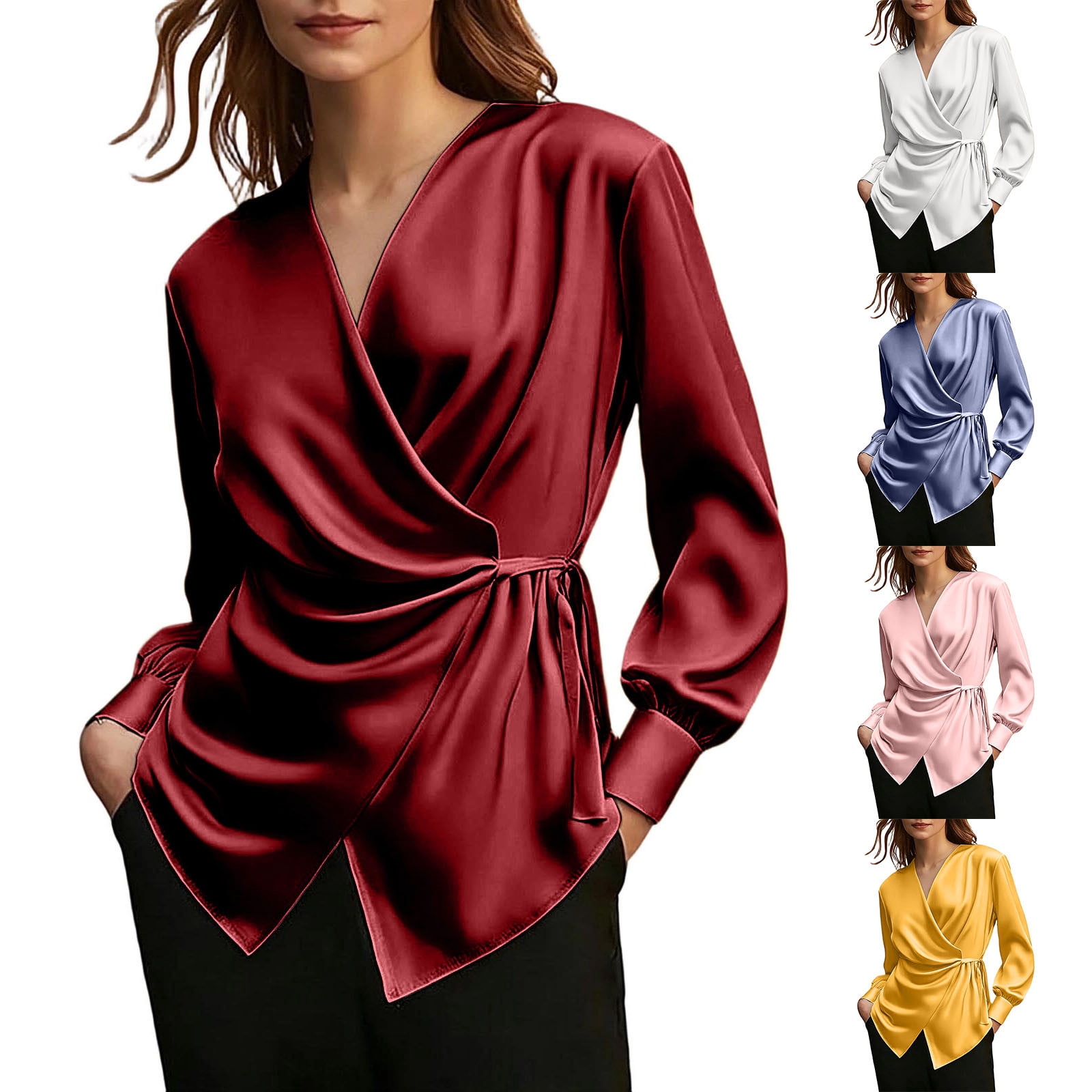 Ailaofu Women's Fall Long Sleeve Satin Blouse, Elegant Wrap V Neck Tie ...
