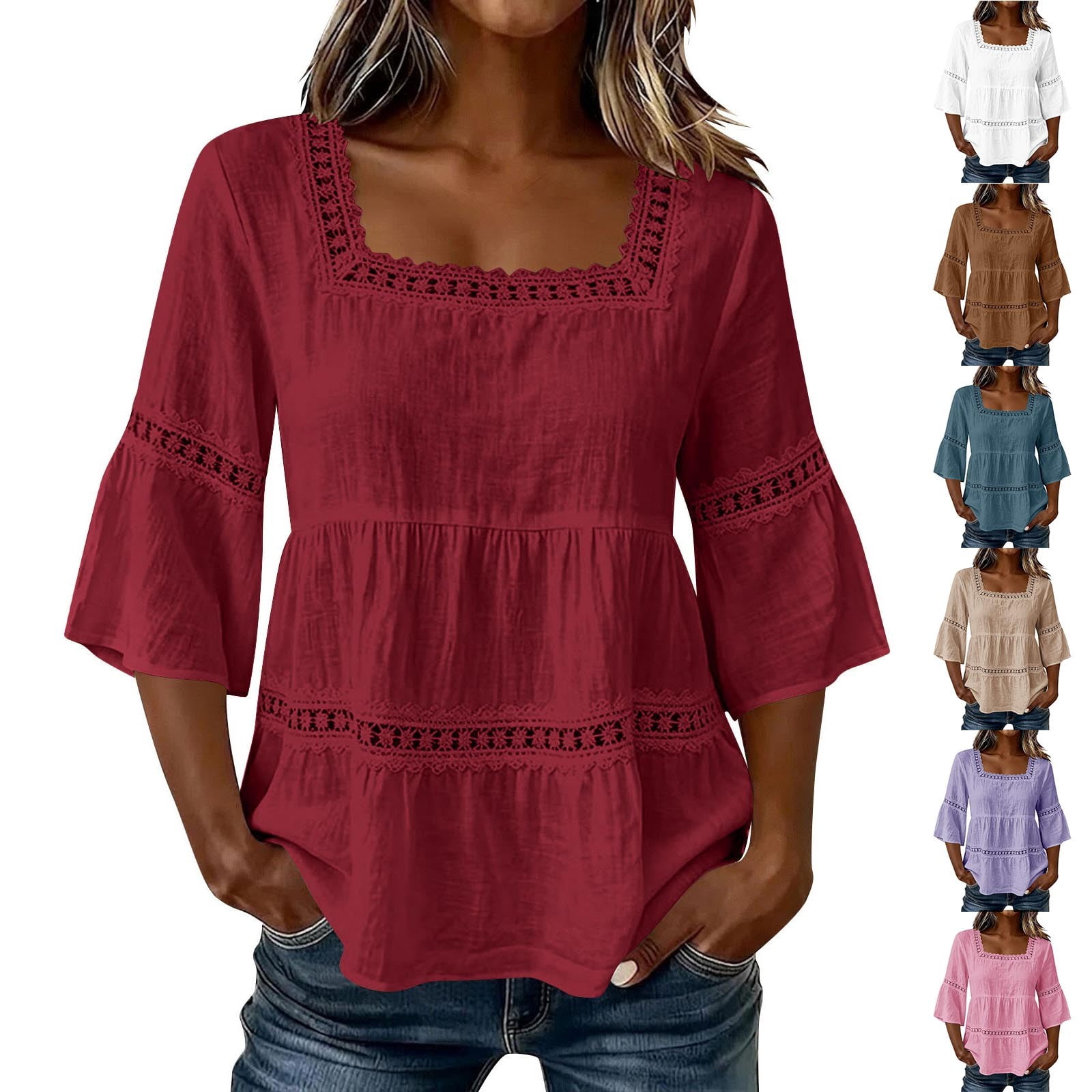 Ailaofu Women's Fall Ruffled Cotton Linen Shirt, Fashion Hollow Out ...
