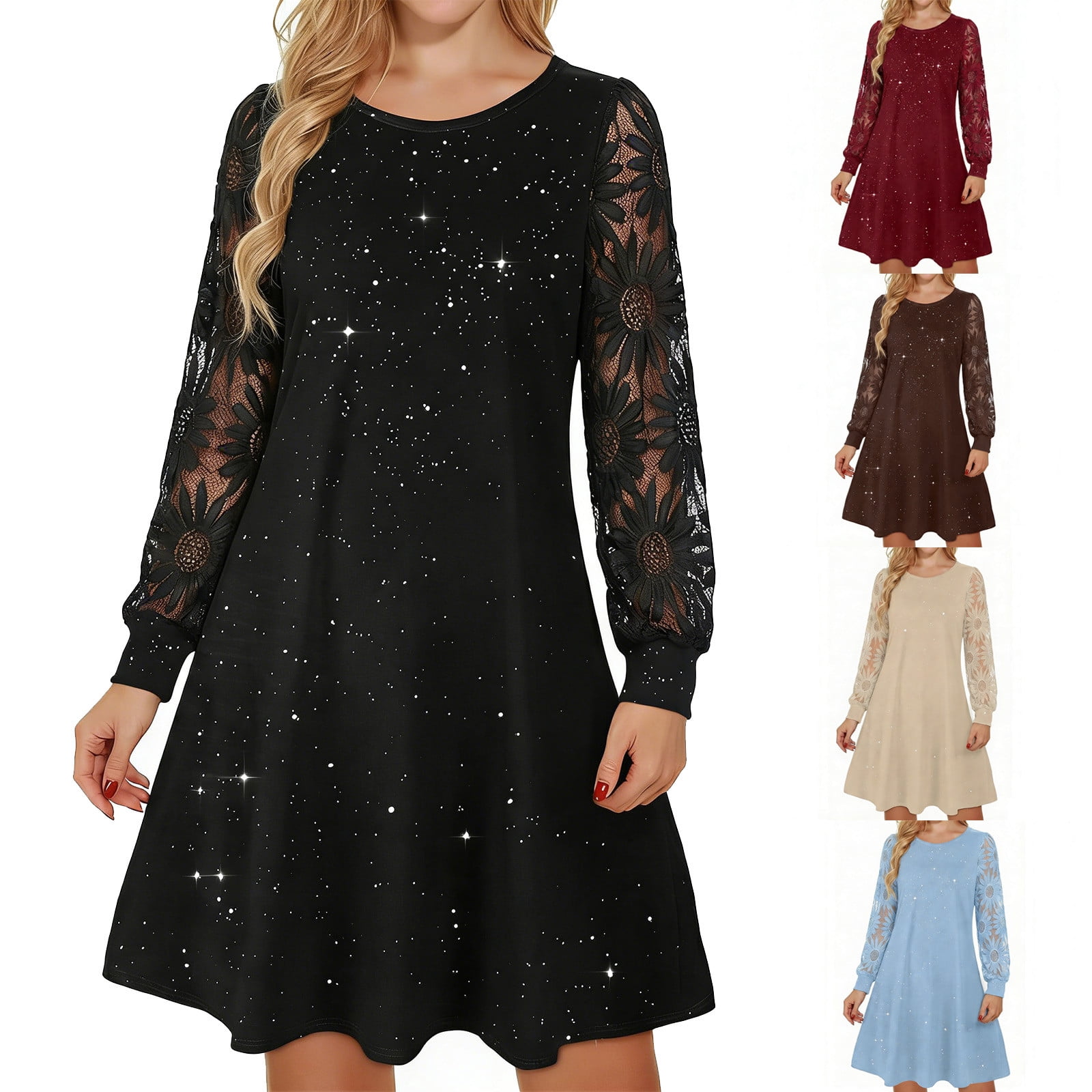 Ailaofu Women's Fashionable Sequined Lace Long Sleeve Everyday Dress ...