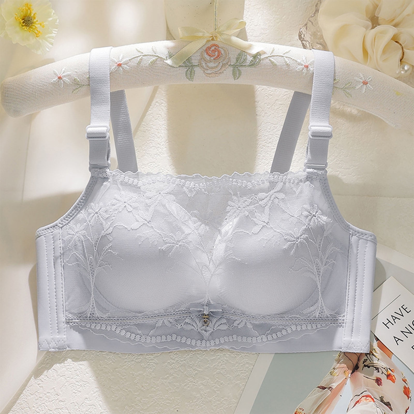 Ailaofu Women's Front Button Rims-Free Bralette Floral Lace Stitching ...