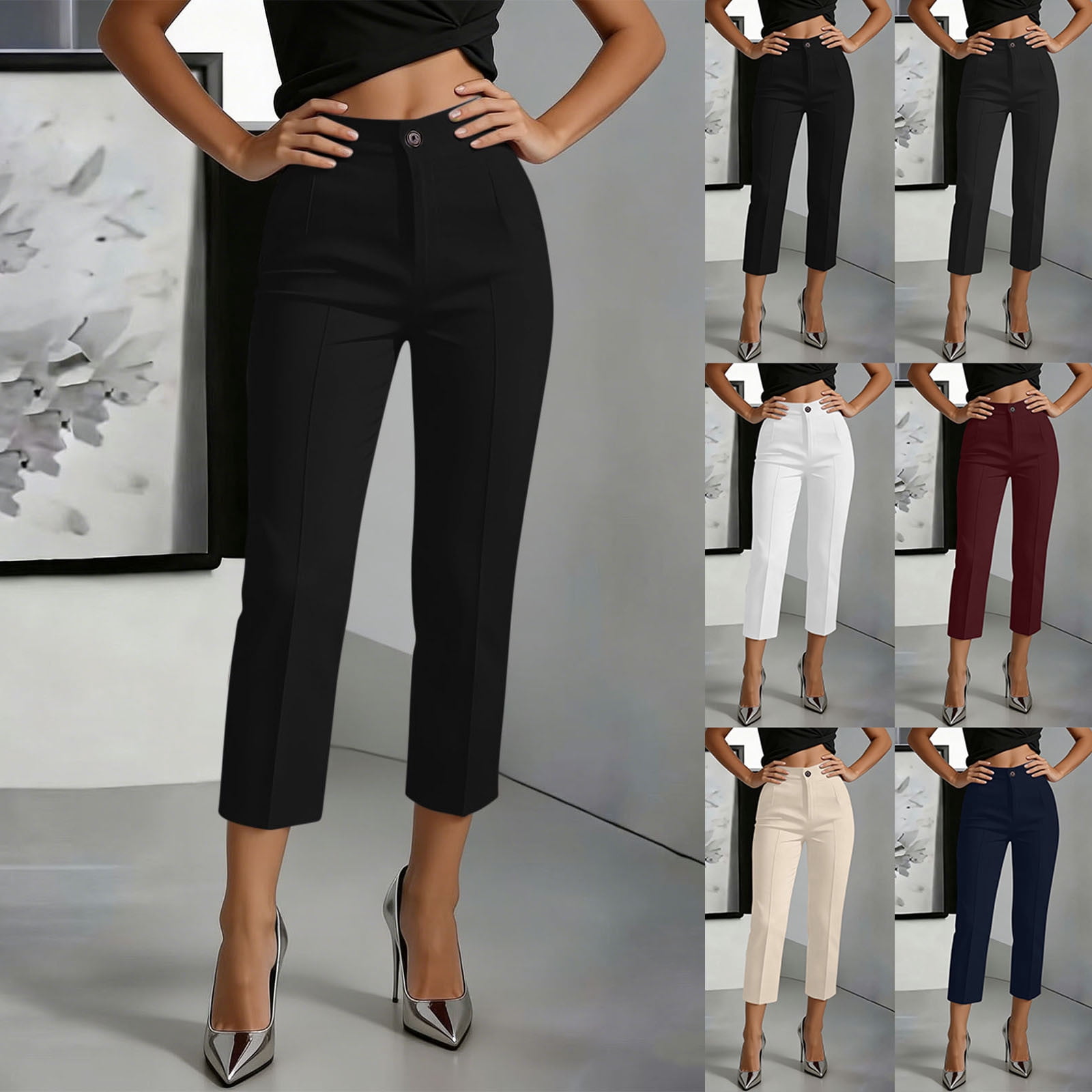 Ailaofu Women's High Waist Button Front Cropped Slim Fit Trouser Center ...