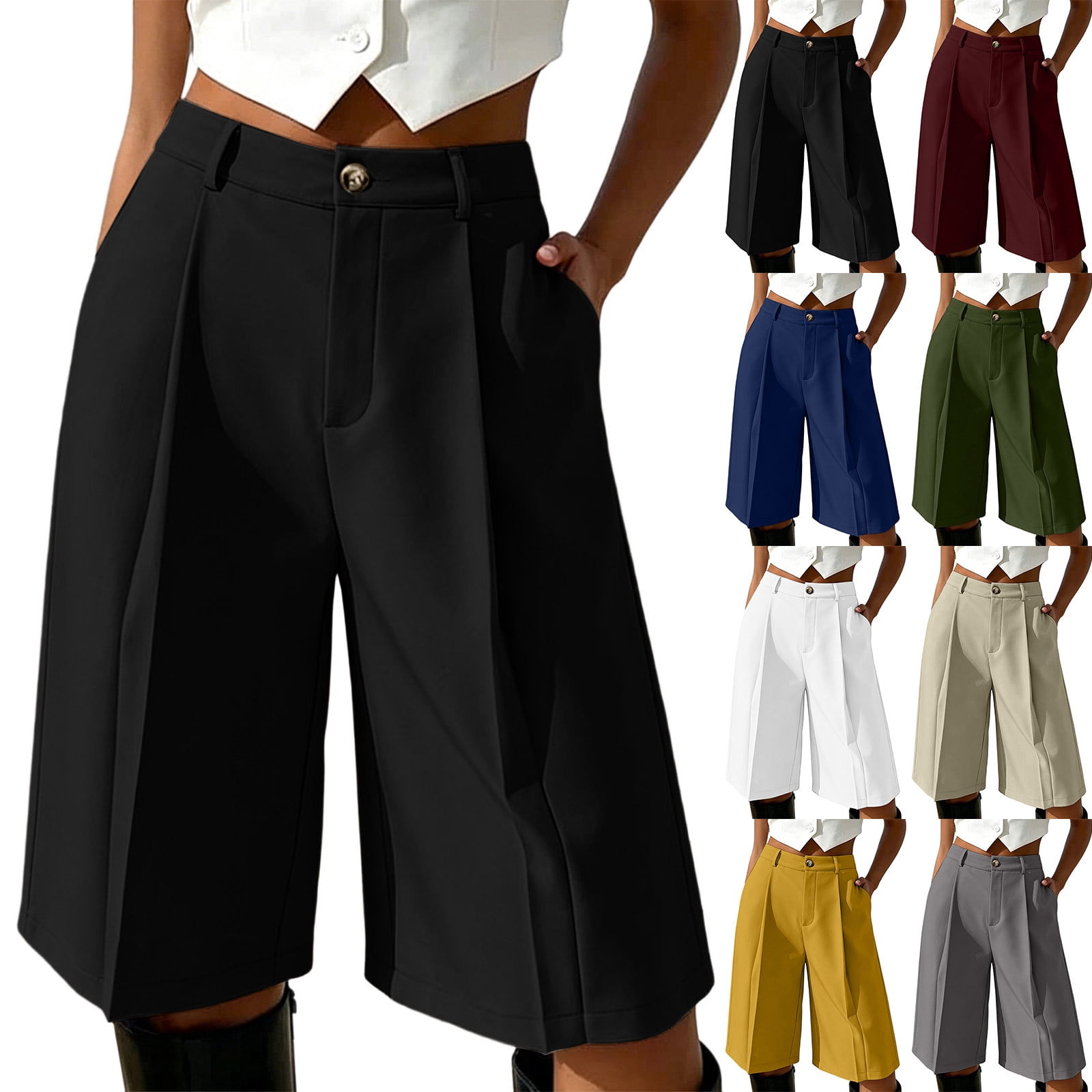 Ailaofu Women's High Waist Solid Color Suit Shorts, Loose Elegant ...