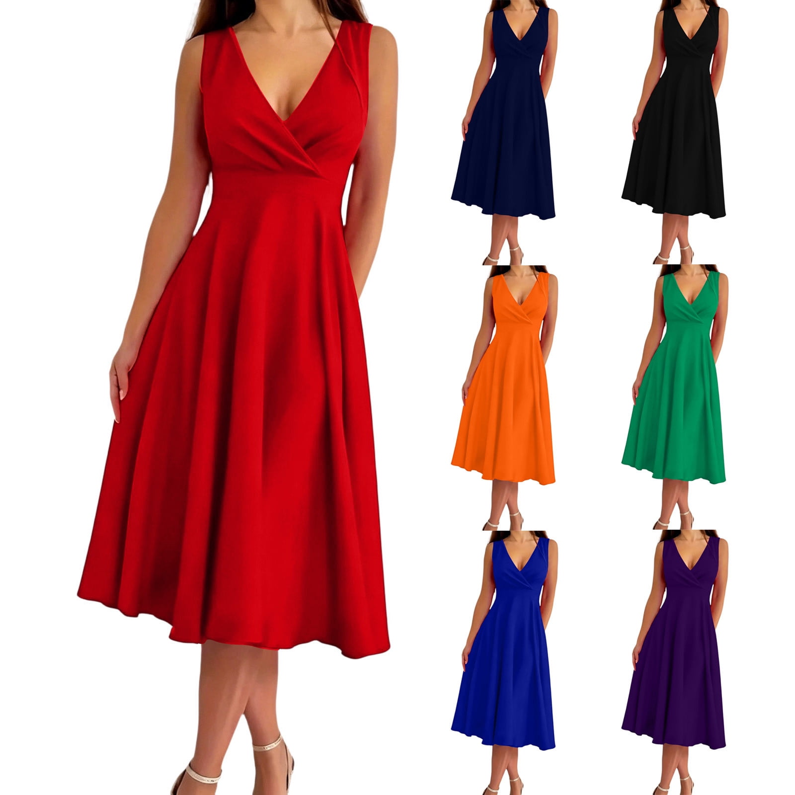 Ailaofu Women's High Waiste Sleeveless Slimming Dress Summer V Neck ...