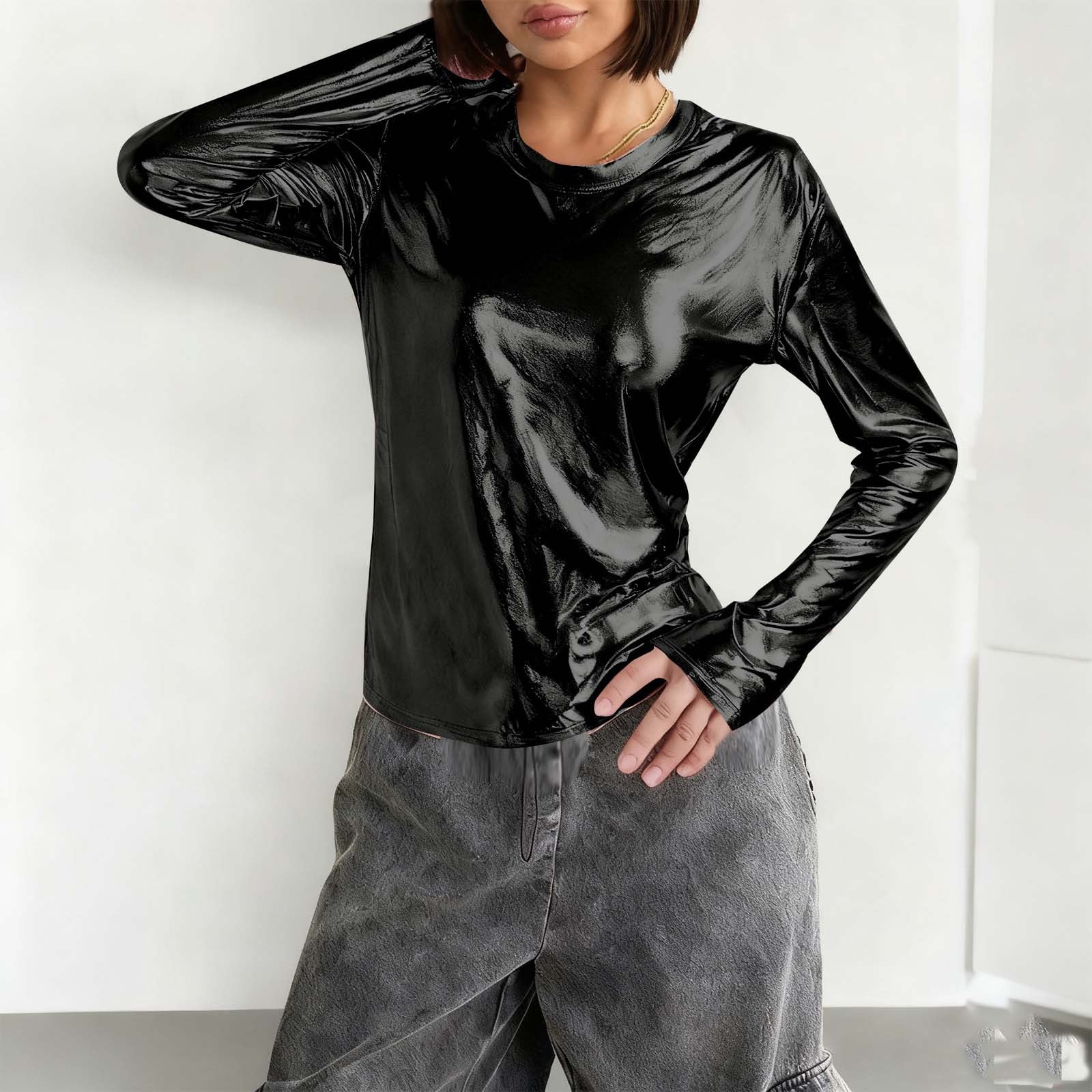 Ailaofu Women's Metallic T-Shirt Round Neck Long Sleeves Shining Disco ...