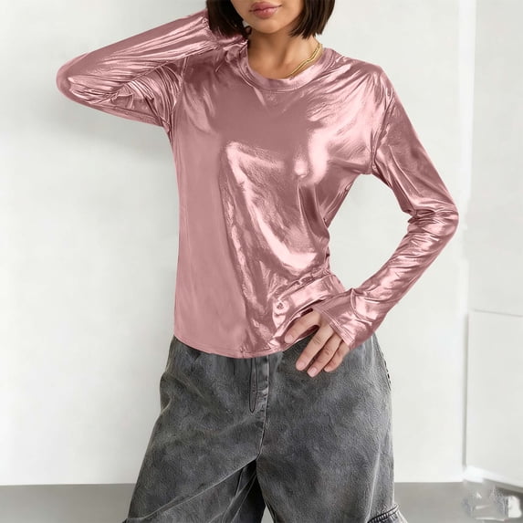 Ailaofu Women's Metallic T-Shirt Round Neck Long Sleeves Shining Disco ...