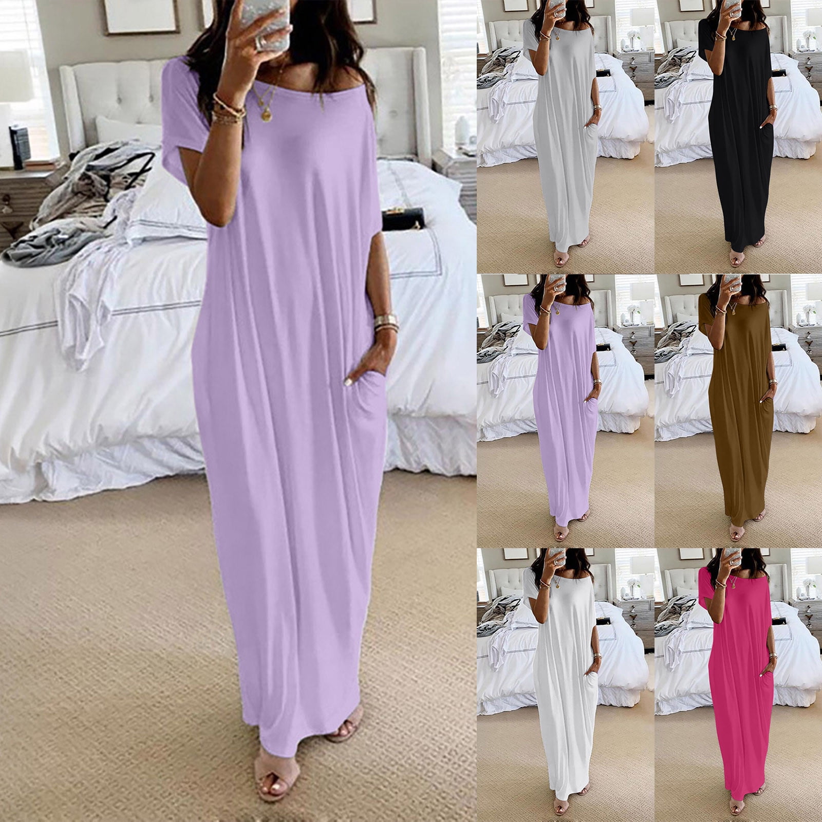 Ailaofu Women's Off Shoulder Round Neck Dress Short Sleeve Casual Flowy ...