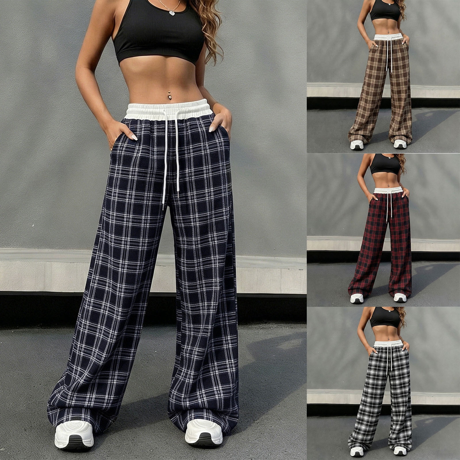 Ailaofu Women's Plaid Wide Leg Long Pants Contrast Elastic Drawstring ...