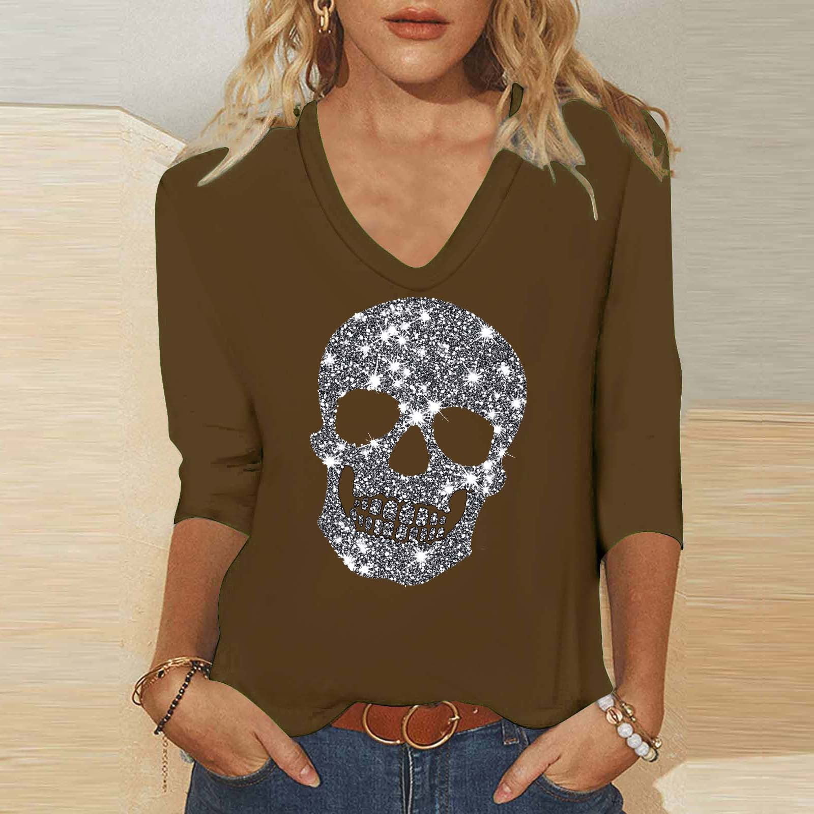Ailaofu Women's Rhinestone Skull Vest Long 3/4 Sleeve Summer V-Neck ...
