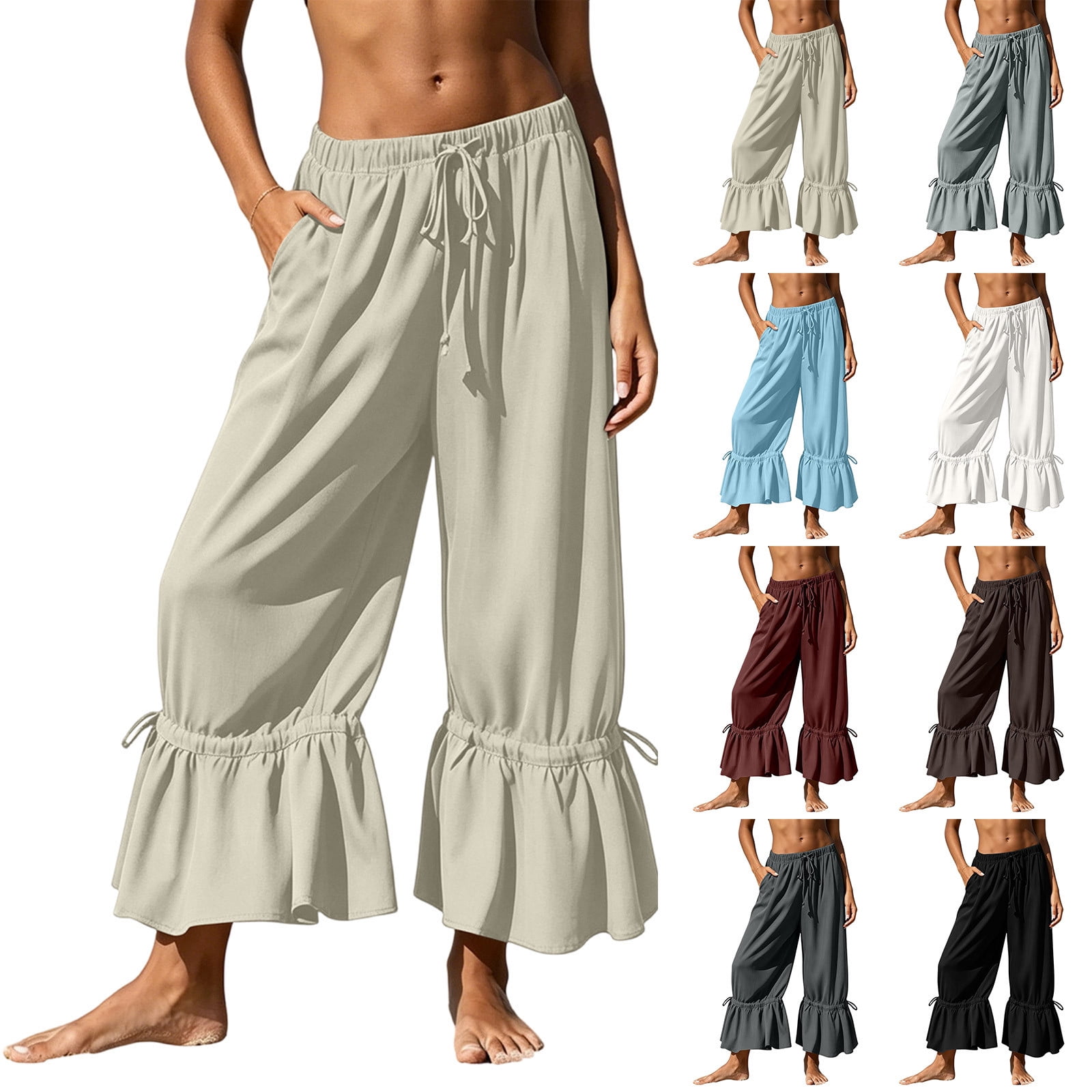 Ailaofu Women's Ruffle Hem Drawstring Wide Leg Ankle Trousers Side ...