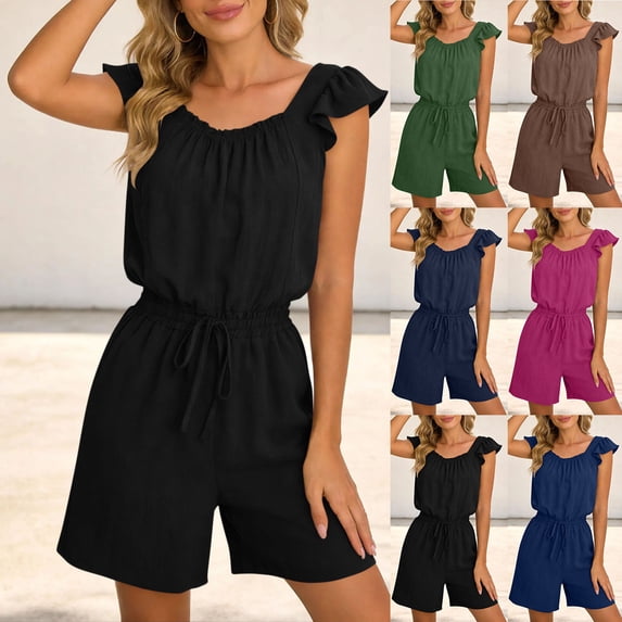 Ailaofu Women's Ruffled Jumpsuit Shorts, Fashion Pleated Square Neck ...