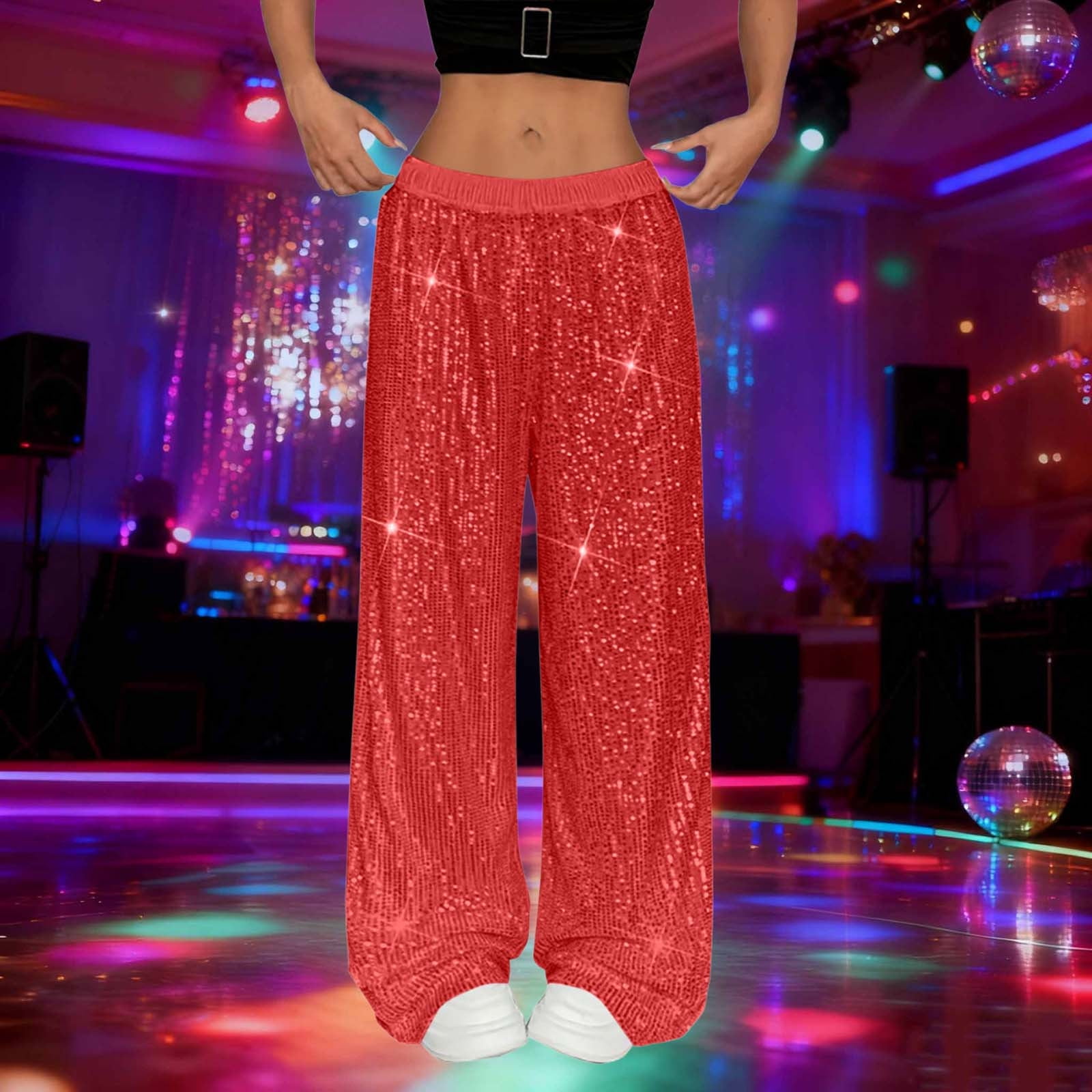 Ailaofu Women's Shiny Sequin Wide Leg Pants Elastic Waist Sparkly Baggy ...