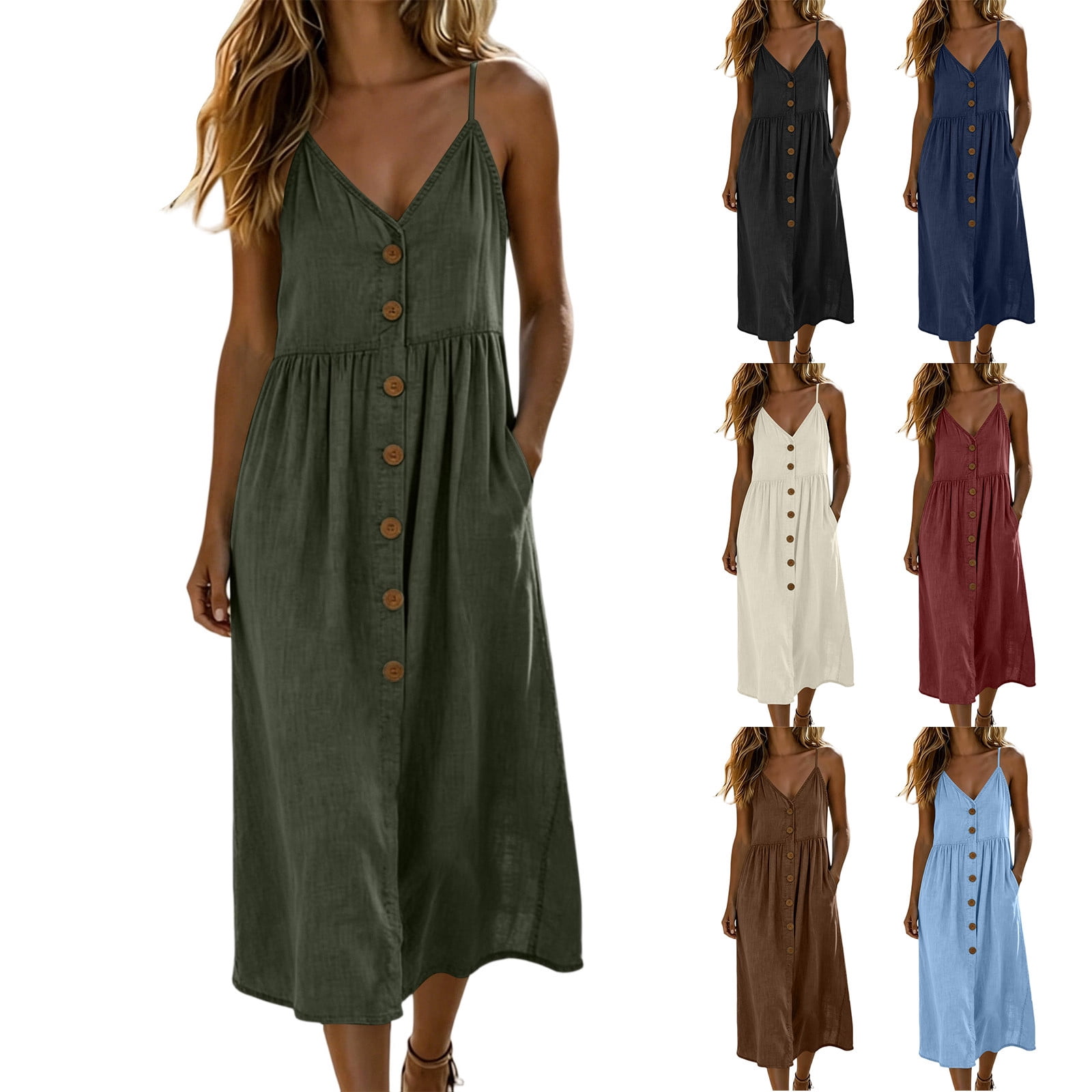 Ailaofu Women's Sleeveless V Neck Button Down Casual Dress, Summer ...