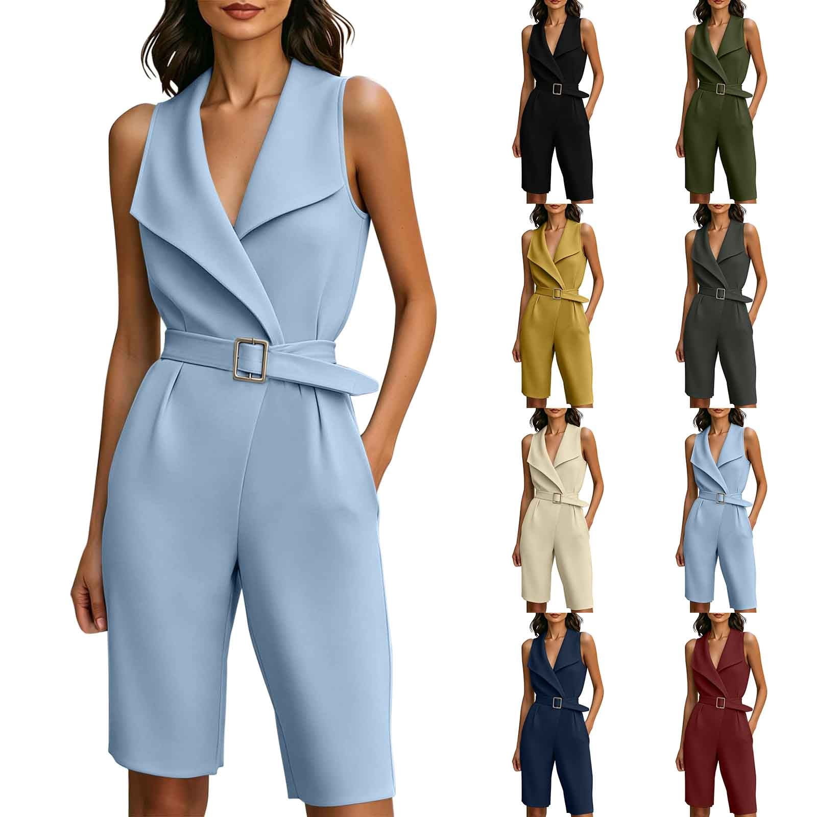 Ailaofu Women's Sleeveless V Neck Tie Front Romper, Elegant Knee Length ...