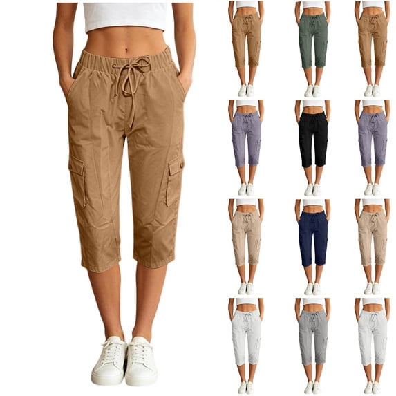 Ailaofu Women's Solid Cargo Cropped Capri Trousers, Elastic Drawstring ...