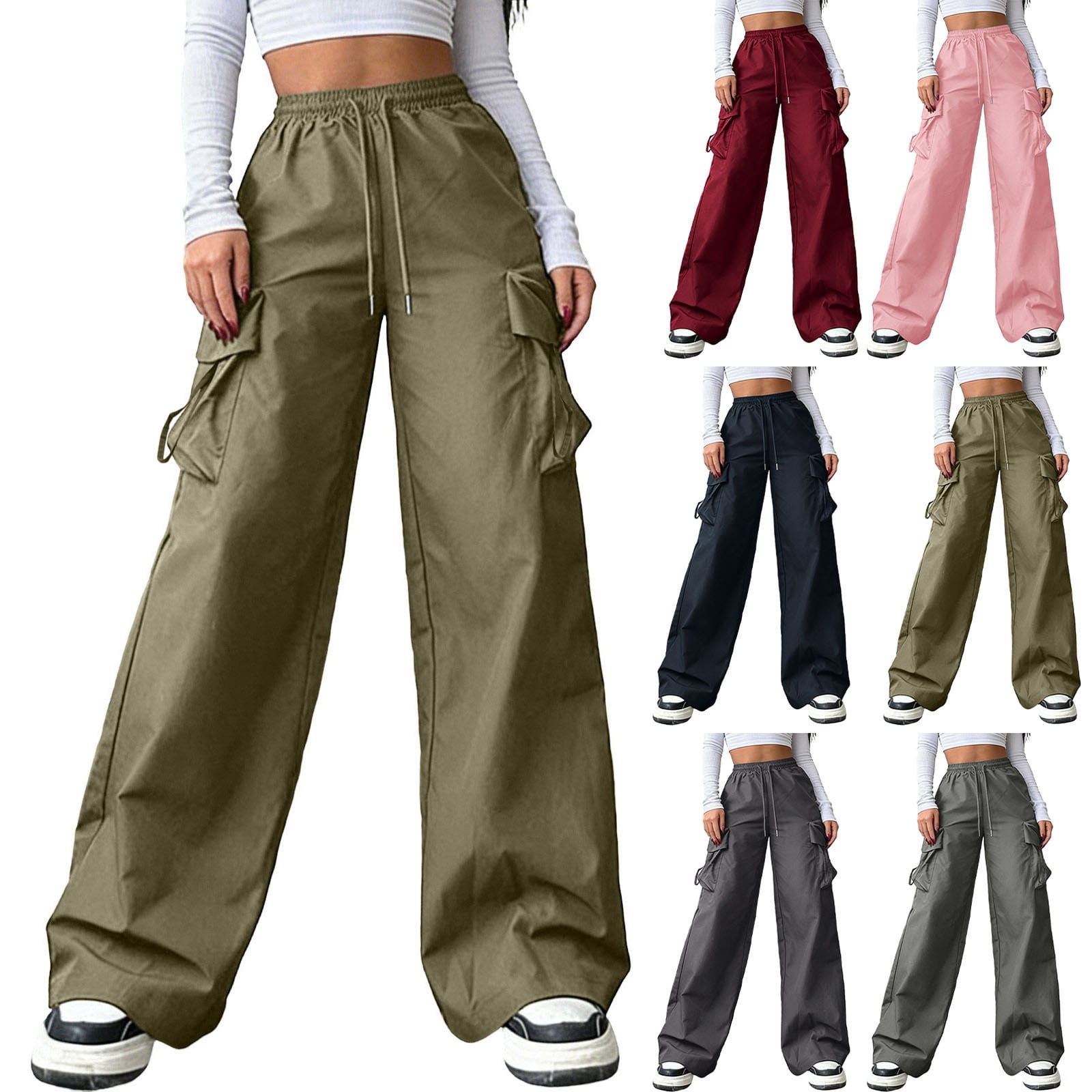 Ailaofu Women's Solid Color Cargo Long Trousers, Elastic Drawstring ...