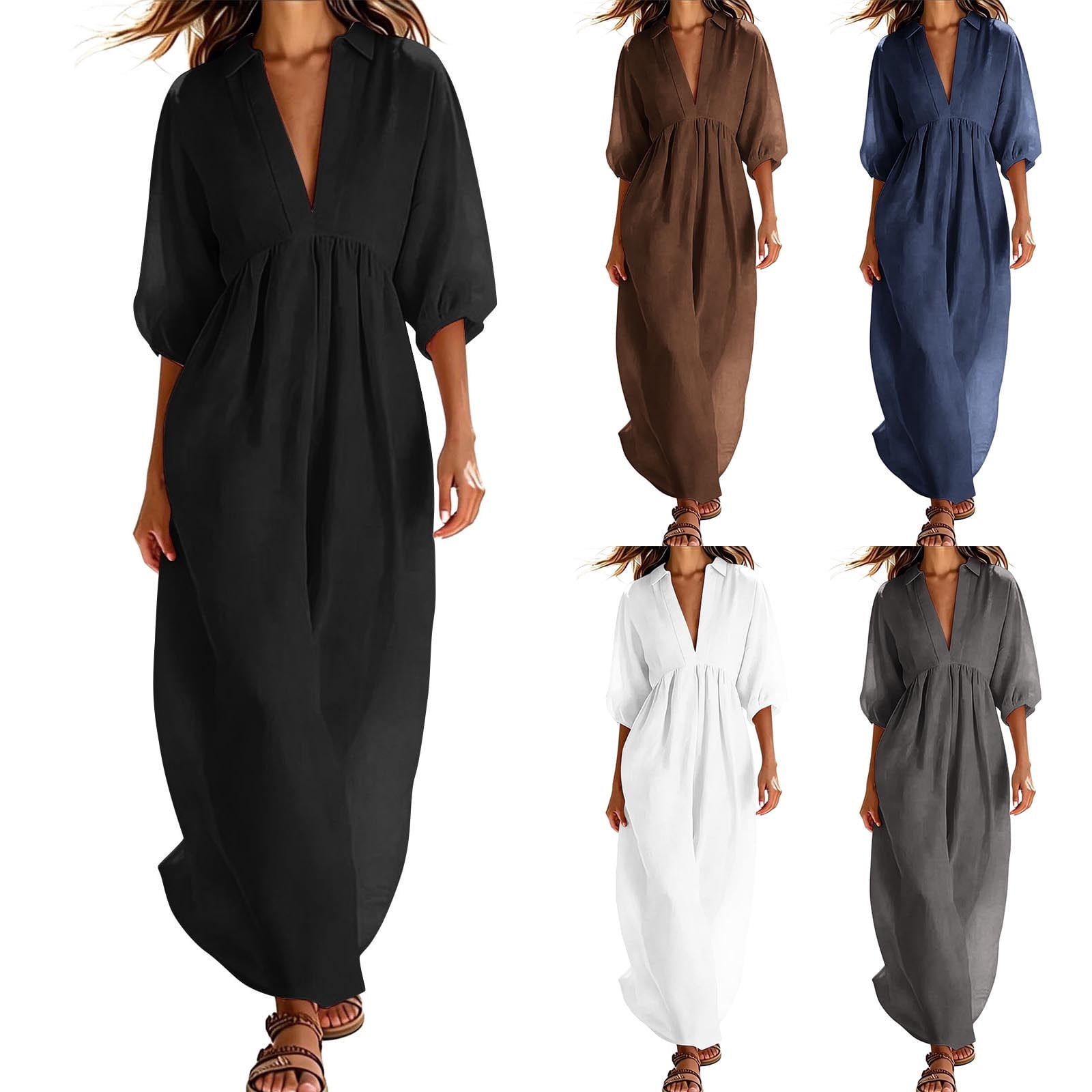 Ailaofu Women's Solid Color Casual Dress, Stylish Three Quarter Sleeve ...