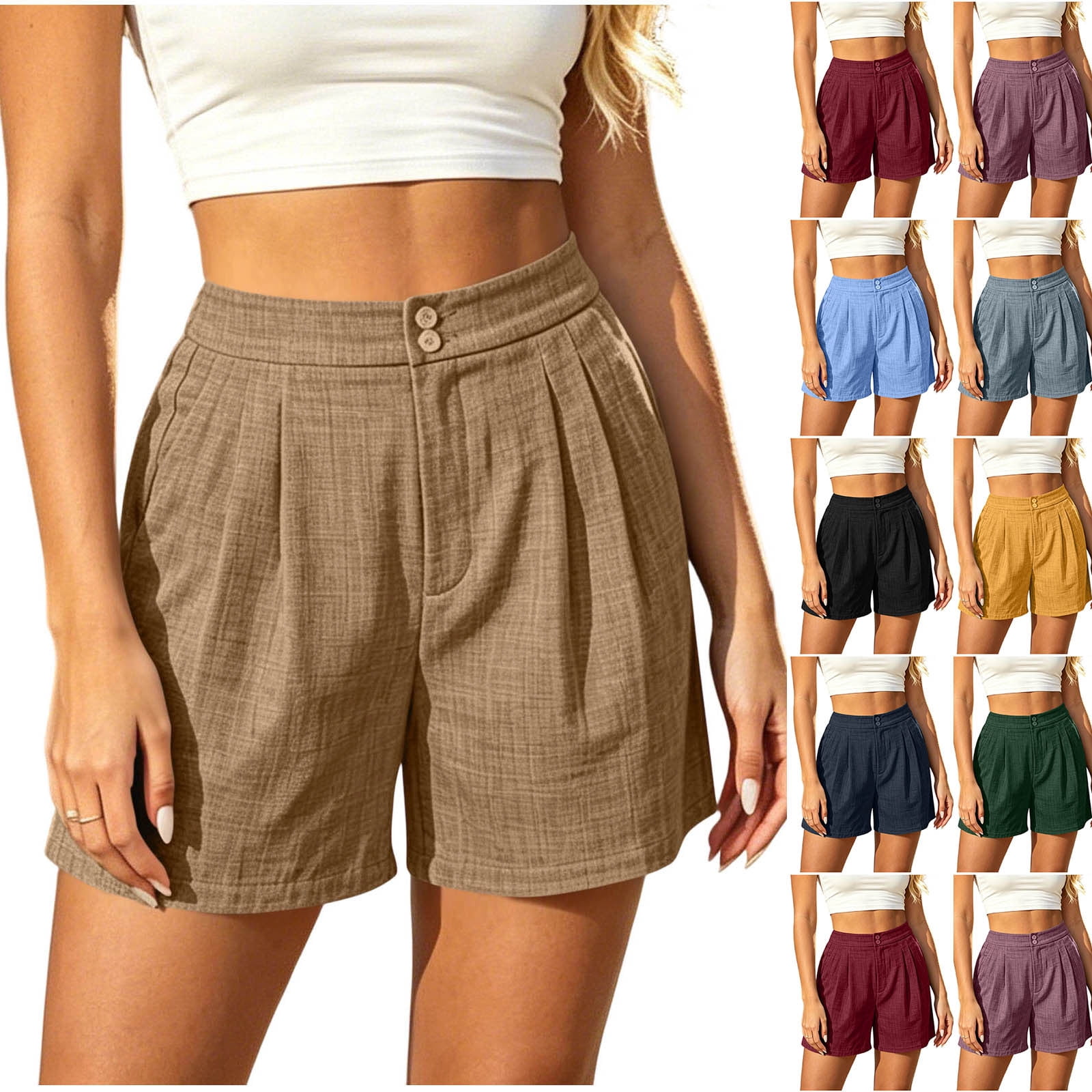 Ailaofu Women's Solid Color Suit Shorts, High Waist Button Down Pleated ...