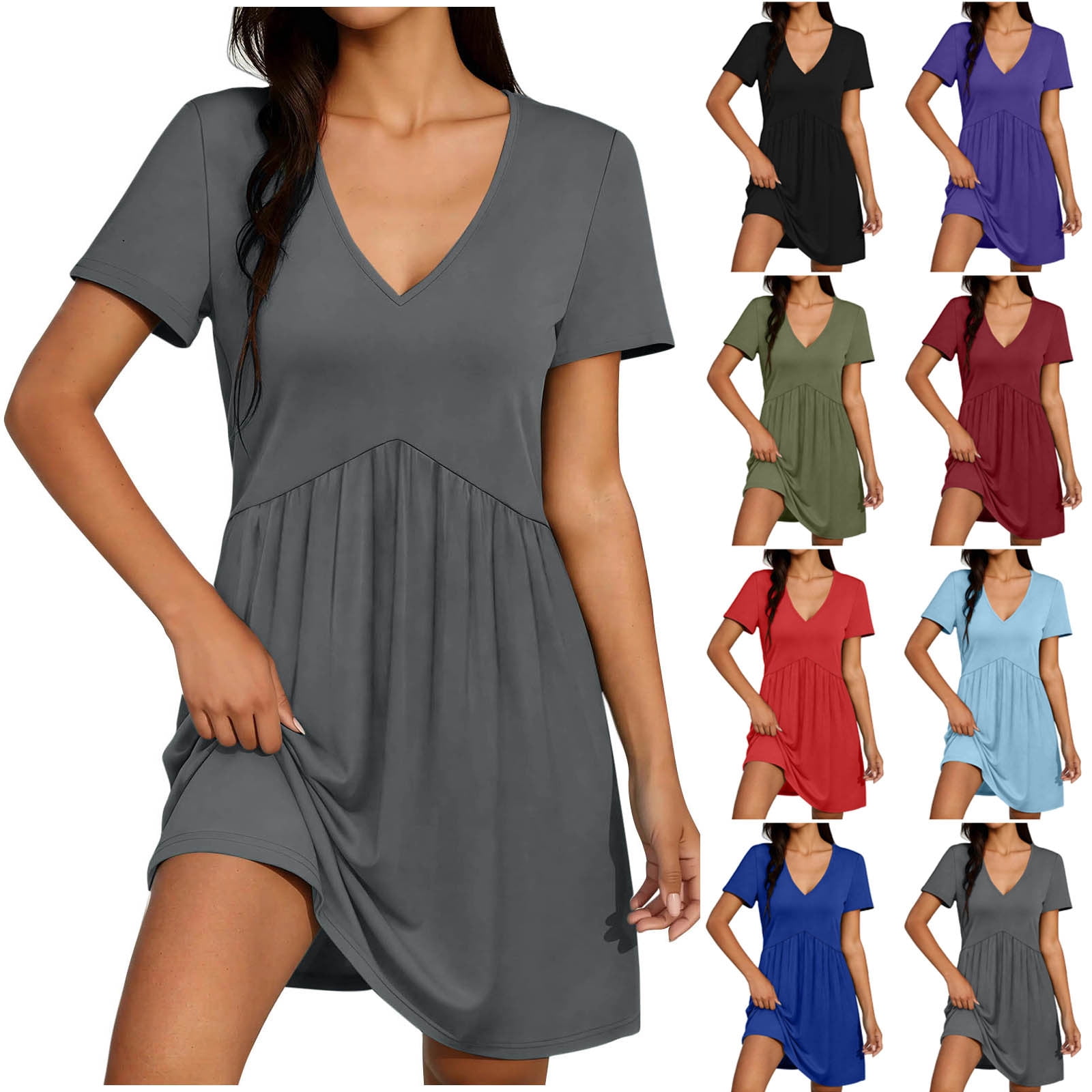 Ailaofu Women's Solid Color V Neck Dress, Fashionable Pleated Short ...