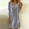 Ailaofu Women's Solid Color Velvet Dress - Long Sleeve Crew Neck Ruched ...