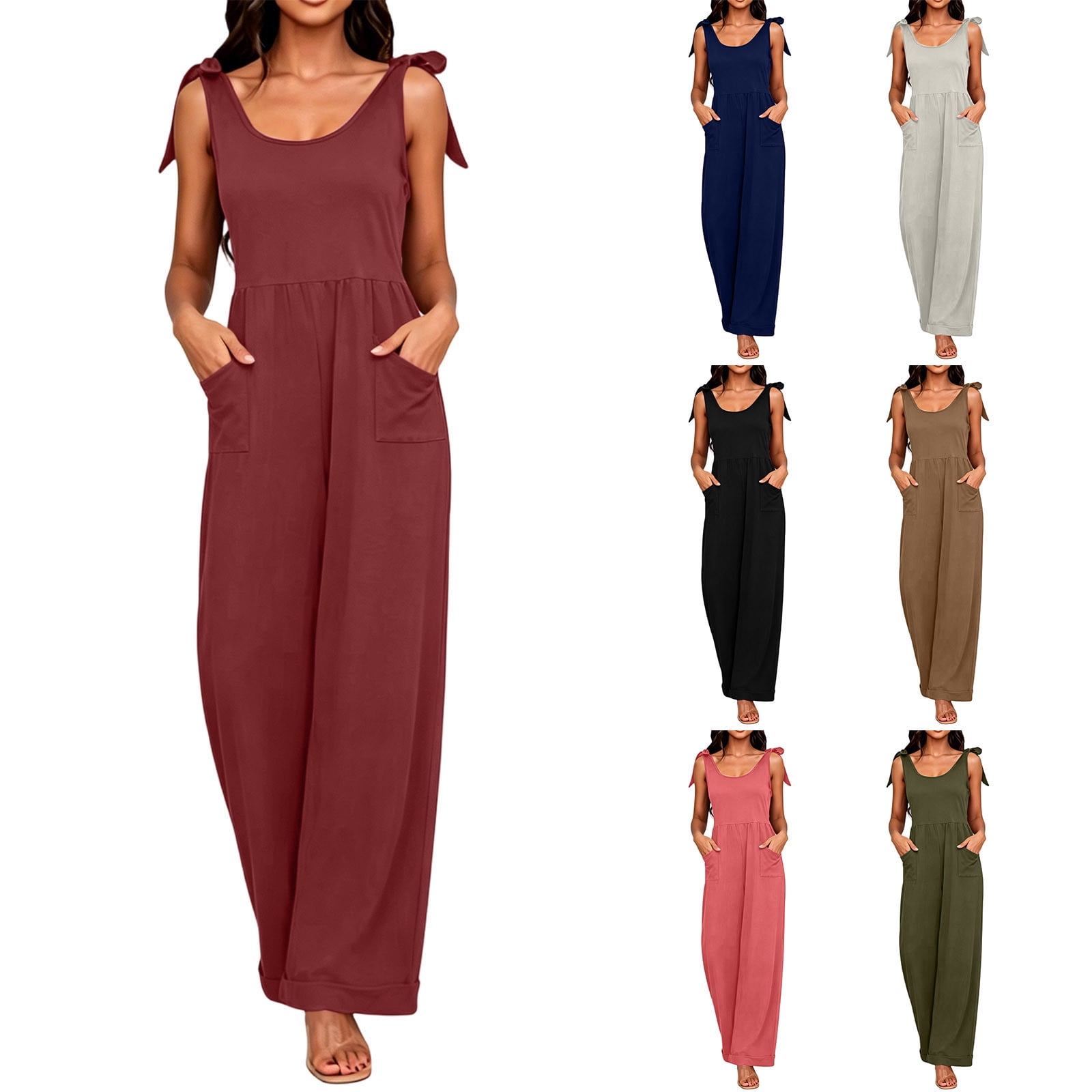 Ailaofu Women's Solid Color Wide Leg Jumpsuit with Pockets, Sleeveless ...
