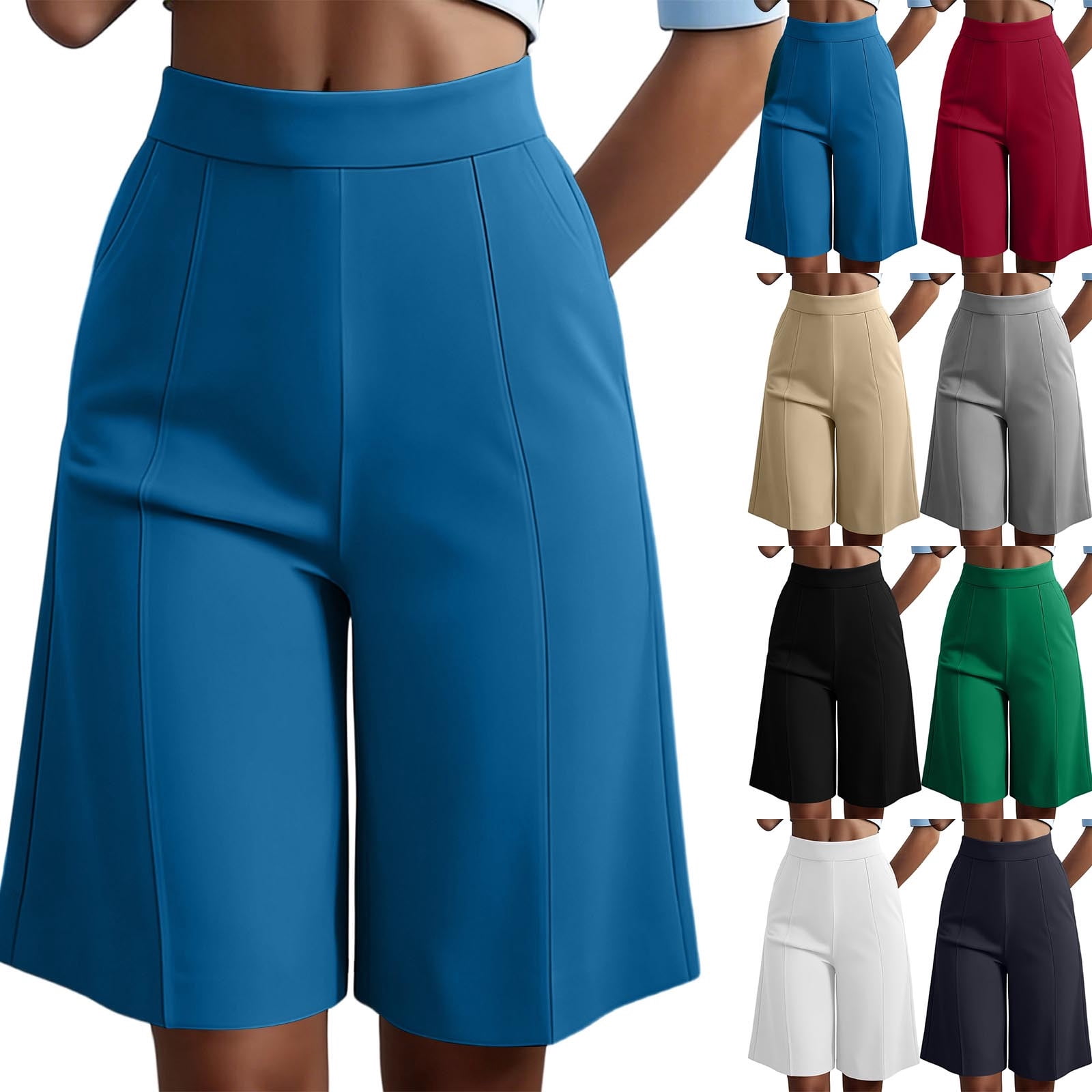 Ailaofu Women's Solid High Waist Wide Leg Bermuda Trousers Front Seam ...