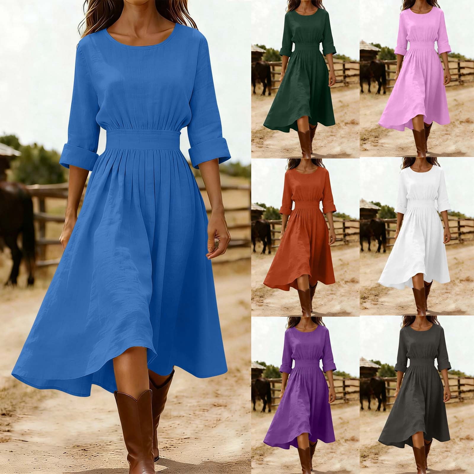 Ailaofu Women's Spring Summer Solid Color Dress, Fashionable Round Neck ...