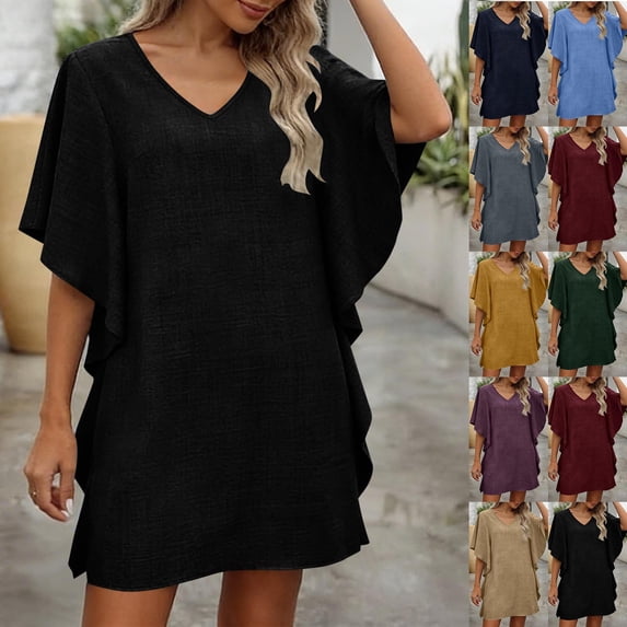 Ailaofu Women's Summer Casual Dress, Solid Color Ruffled V Neck Short ...
