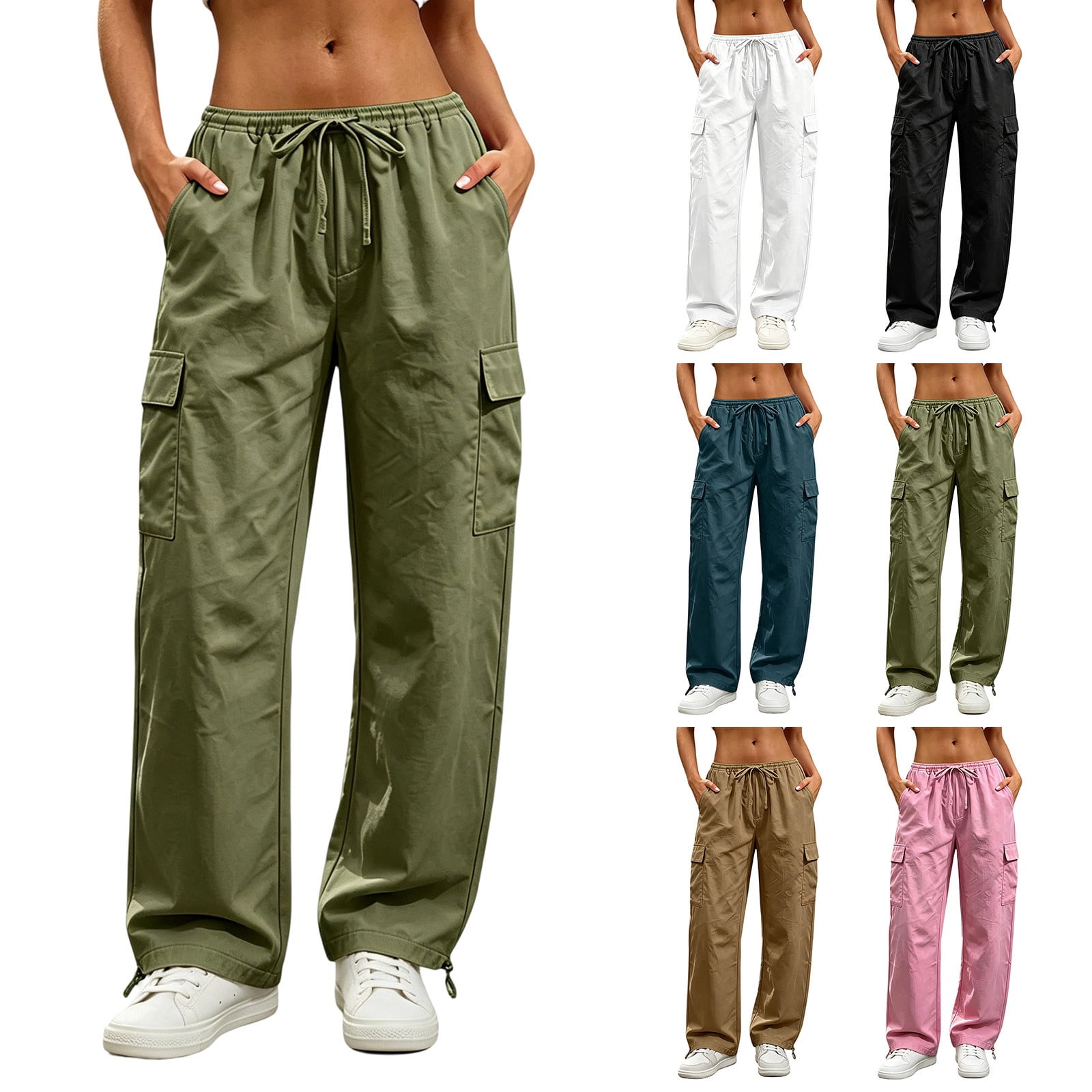 Ailaofu Women's Summer Elastic Waist Cargo Pants Drawstring Casual Wide ...