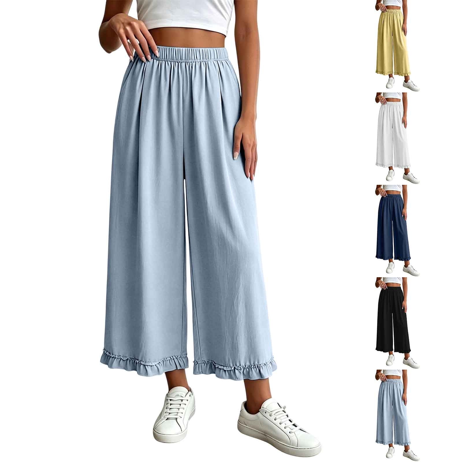 Ailaofu Women's Summer Elastic Waist Ruffle Hem Cropped Pants Casual ...