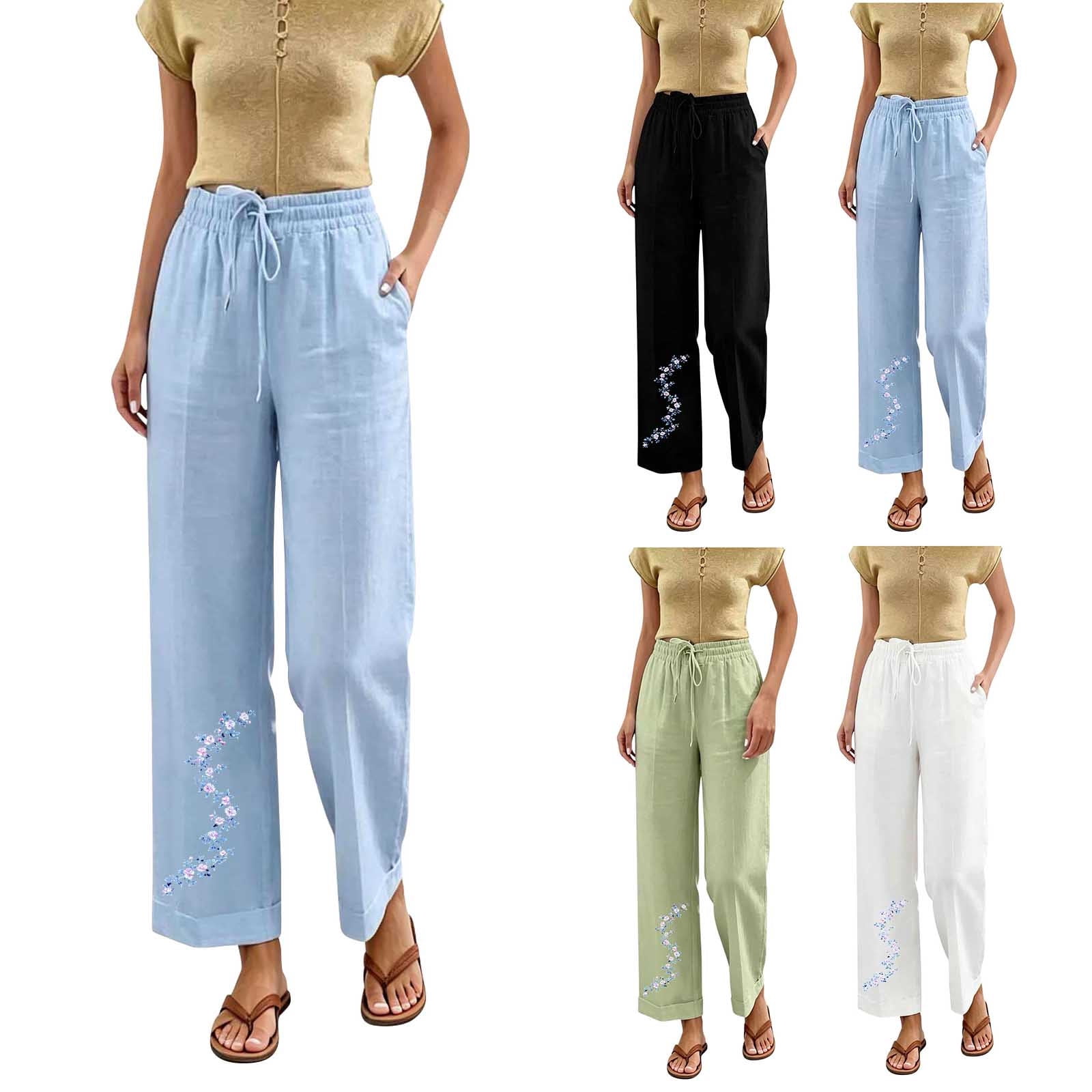 Ailaofu Women's Summer Floral Embroidered Wide Leg Pants Elastic ...
