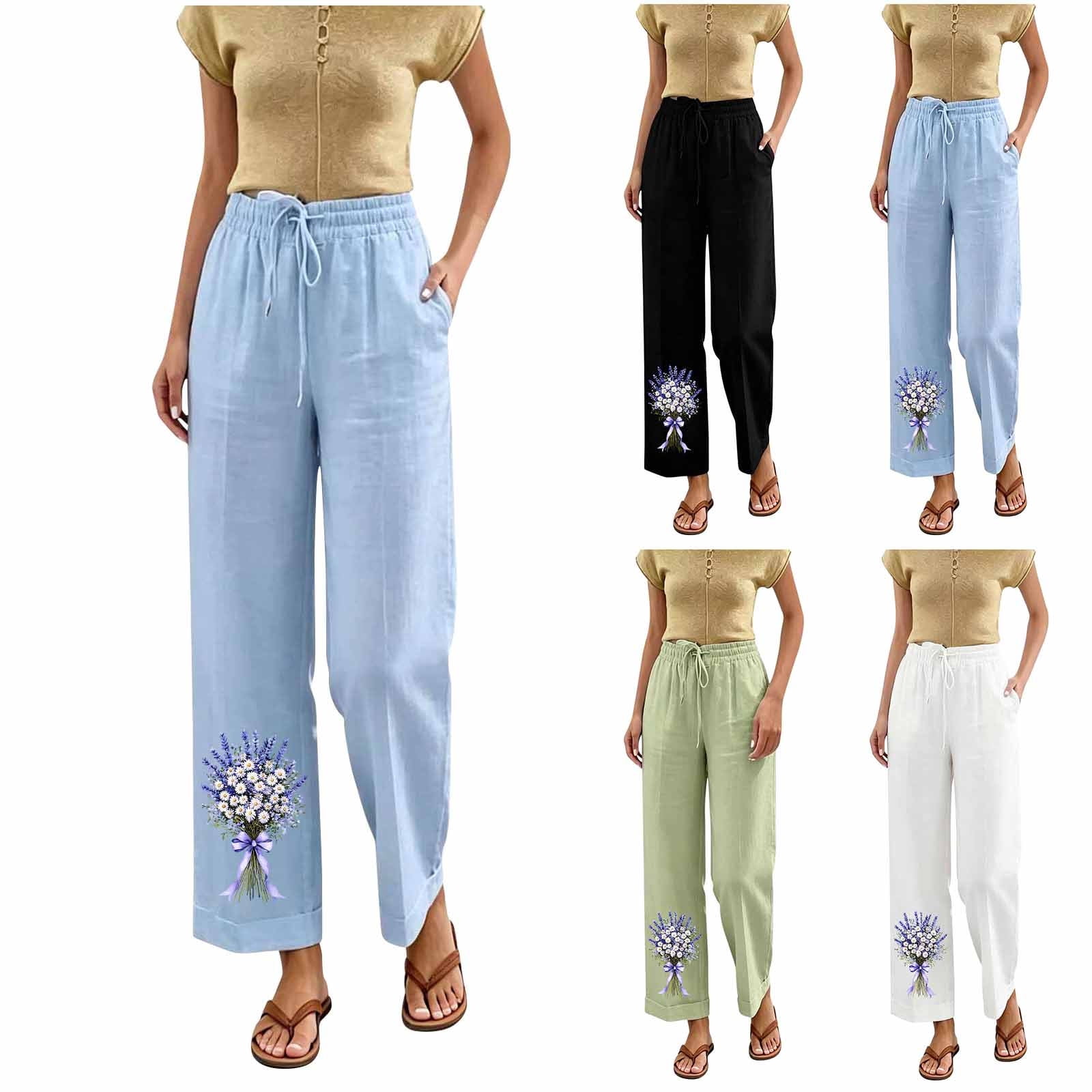 Ailaofu Women's Summer Floral Embroidered Wide Leg Pants Elastic ...