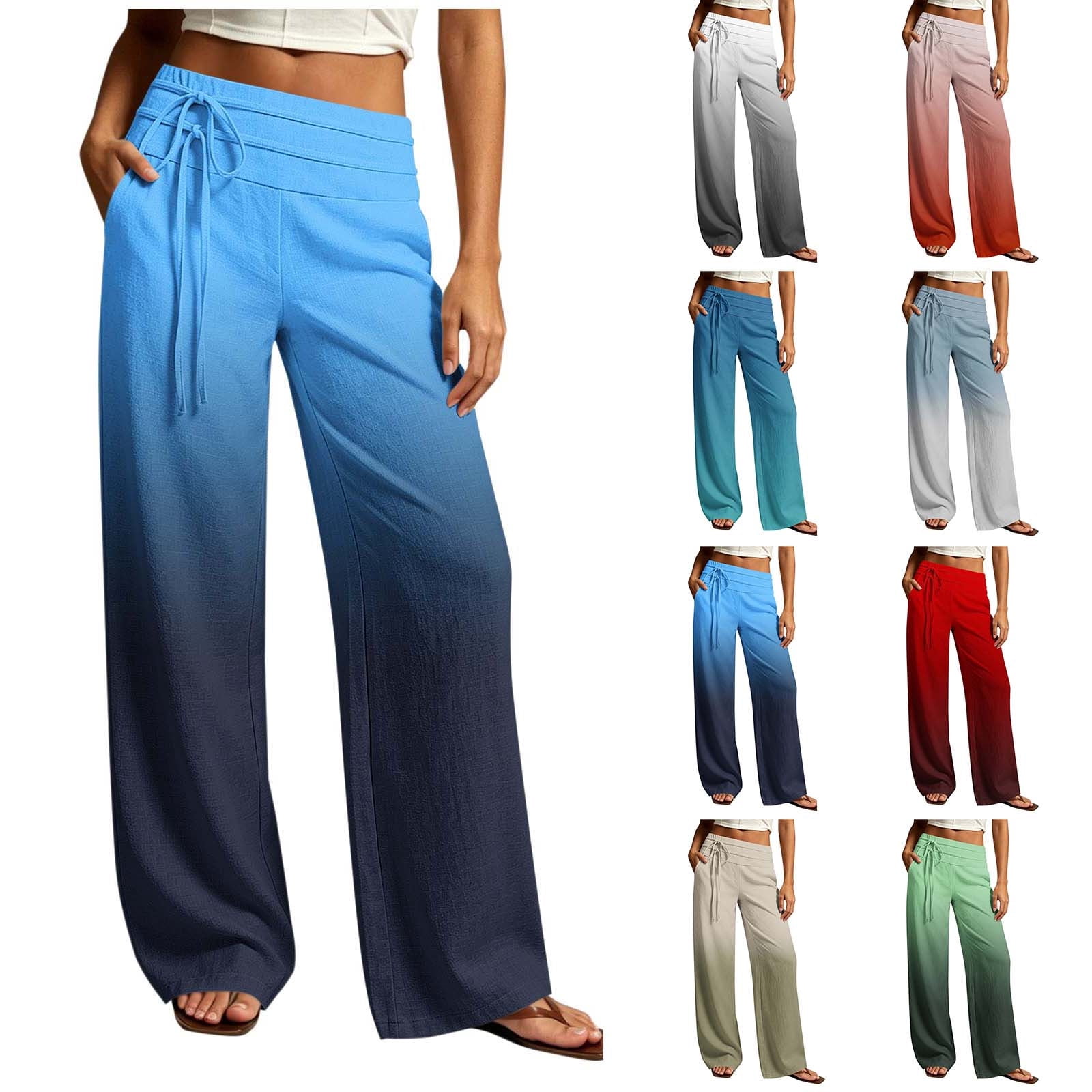 Ailaofu Women's Summer Gradient Wide Leg Pants Drawstring Elastic Waist ...