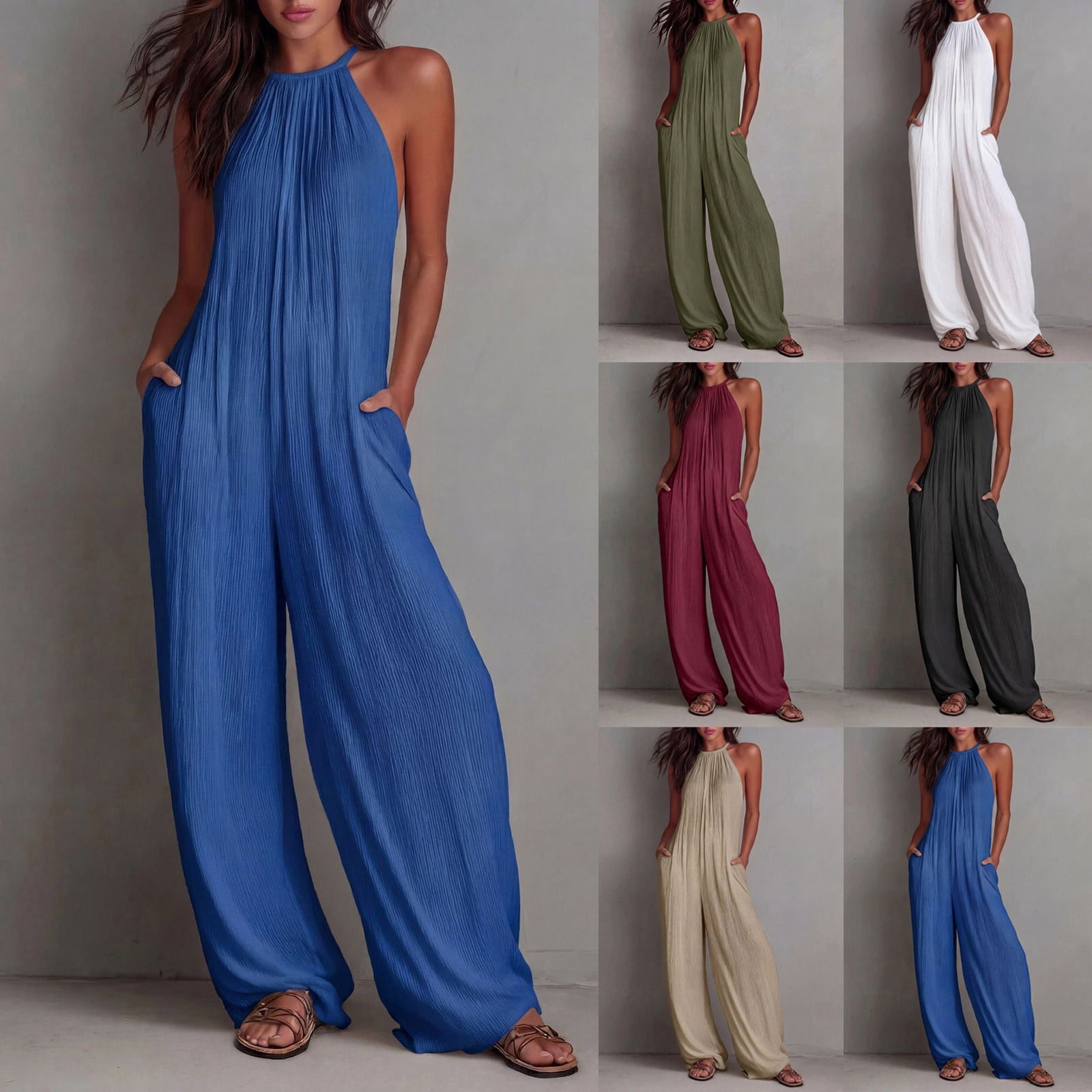 Ailaofu Women's Summer Halter Neck Sleeveless Solid Color Jumpsuit ...