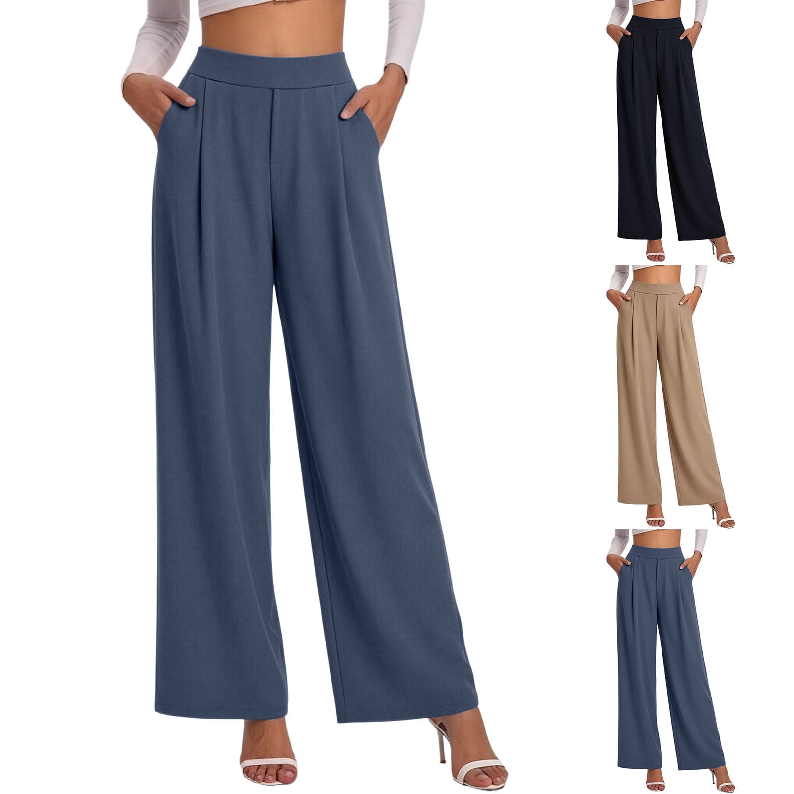 Ailaofu Women's Summer High Waist Pleated Wide Leg Pants Casual Solid ...
