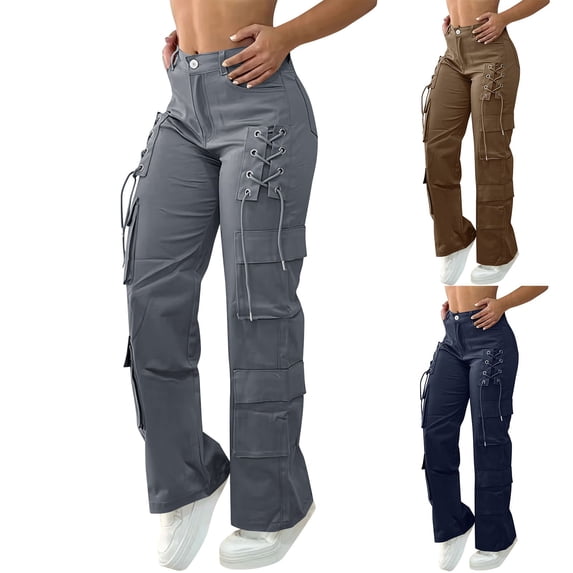 Ailaofu Women's Summer Lace-Up Cargo Pants High Waist Wide Leg Trousers ...
