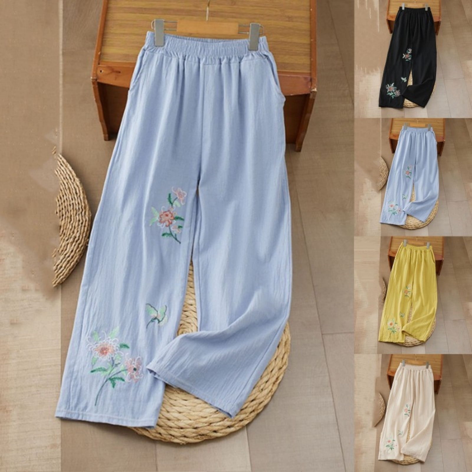 Ailaofu Women's Summer Pants Elastic Waist Floral Embroidery Straight ...