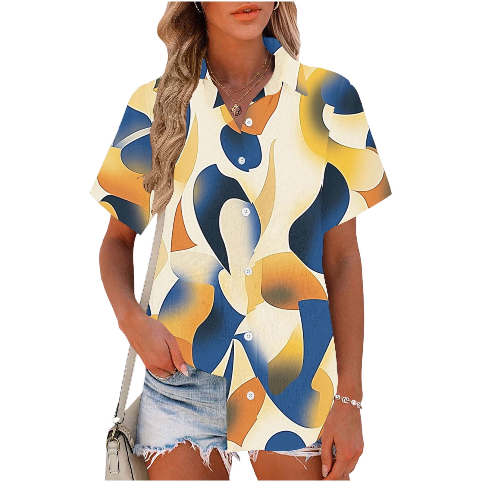 Ailaofu Women's Summer Random Print Slub Fabric Lapel Button Down Shirt ...