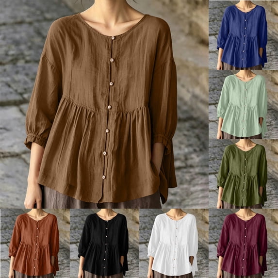 Ailaofu Women's Summer Round Neck Button Up Ruffled Top, Loose Three ...