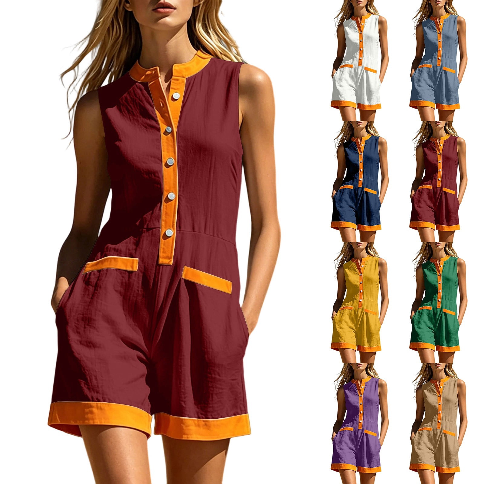 Ailaofu Women's Summer Sleeveless Color Block Jumpsuit Shorts, Stylish ...