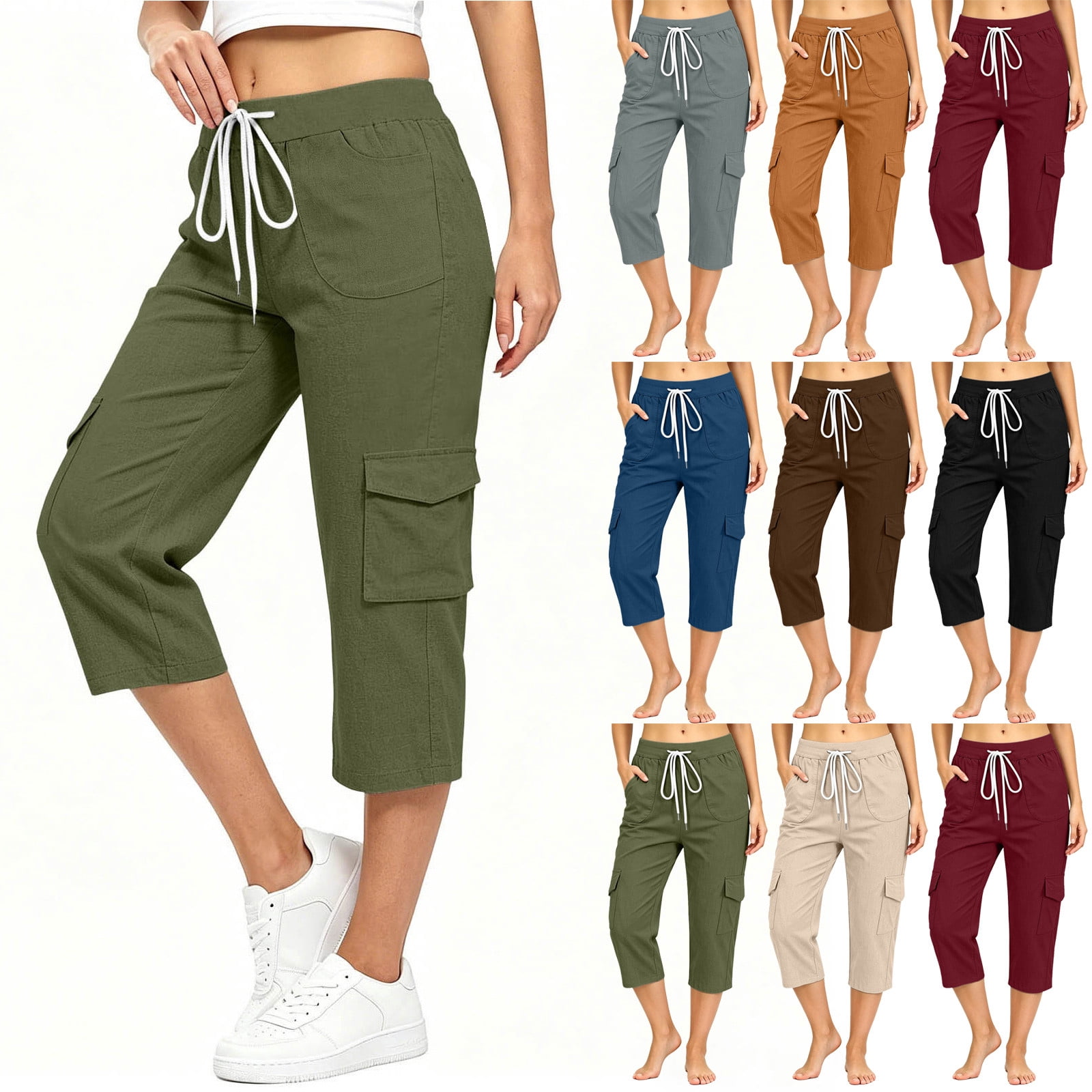 Ailaofu Women's Summer Solid Color Cropped Cargo Pants, High Waist ...