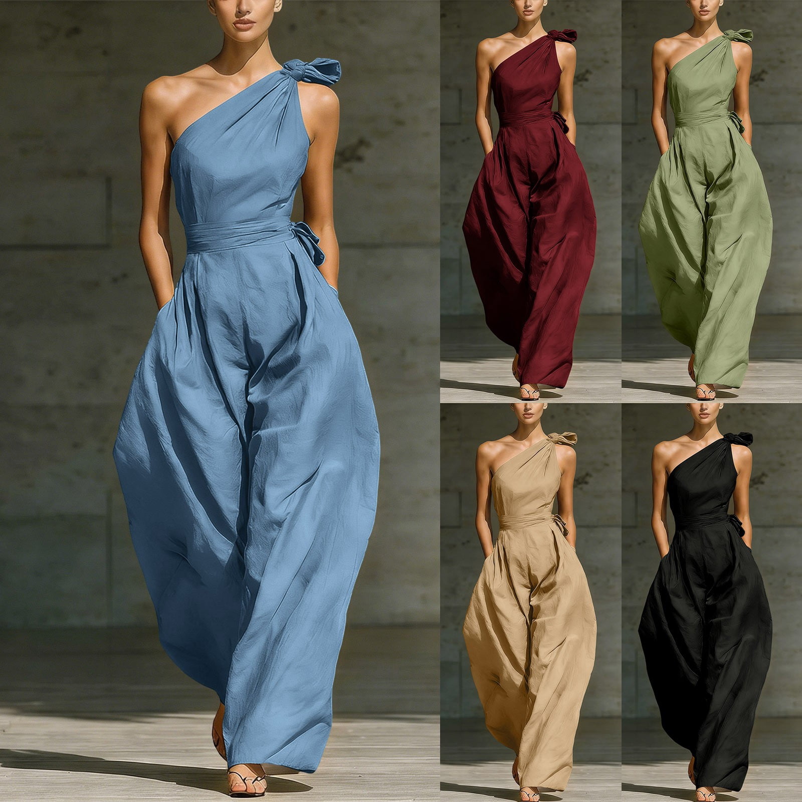 Ailaofu Women's Summer Solid Color Jumpsuit, Stylish Waist Cinching Off ...