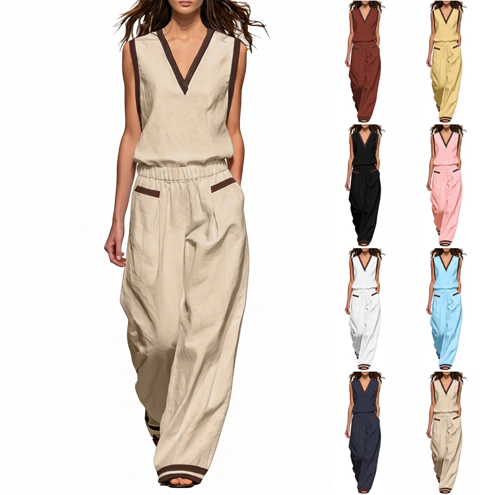 Ailaofu Women's Summer Solid Color Set, Sleeveless V Neck Top with ...